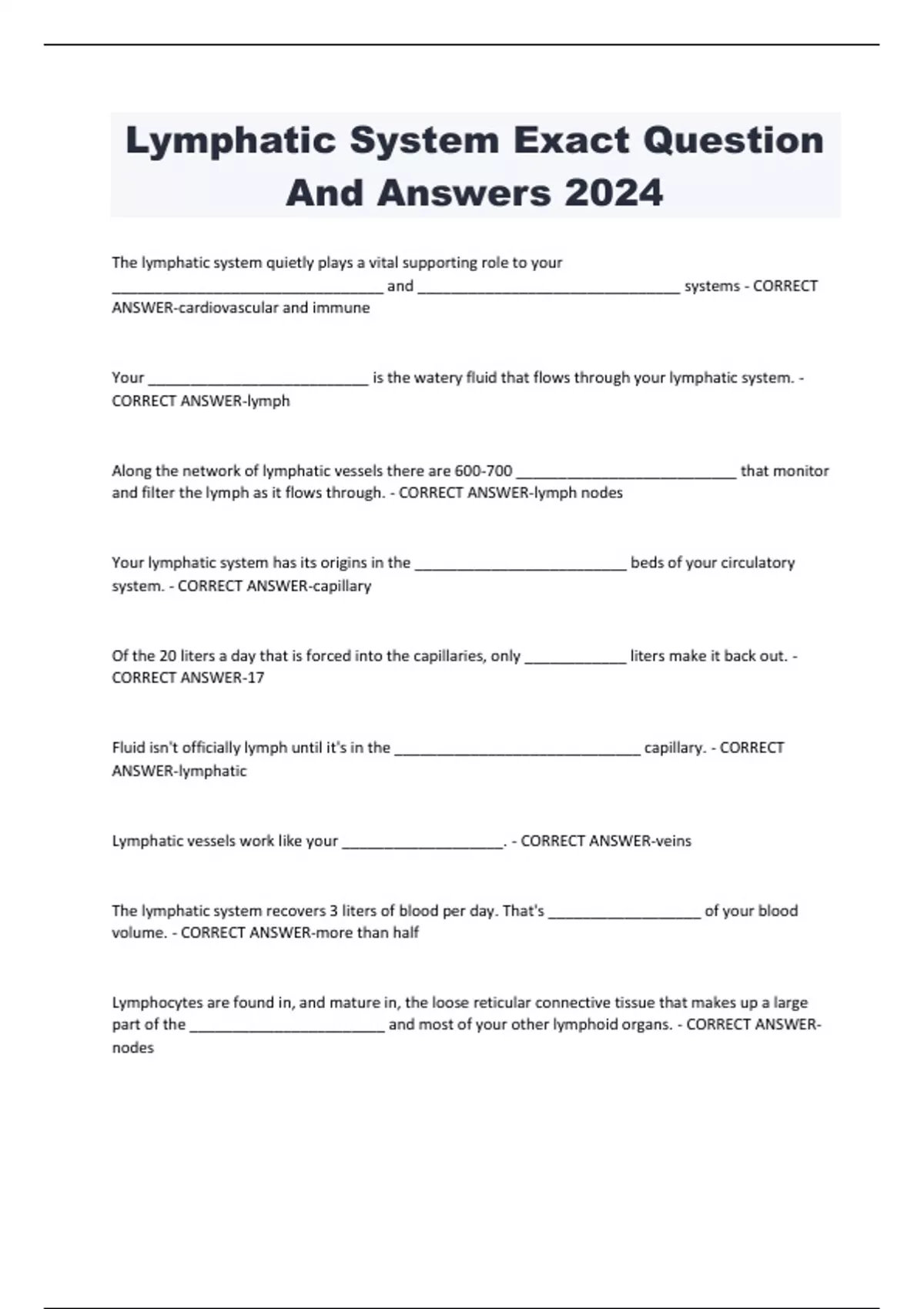 Lymphatic System Exact Question And Answers 2024 - Lymphatic System ...