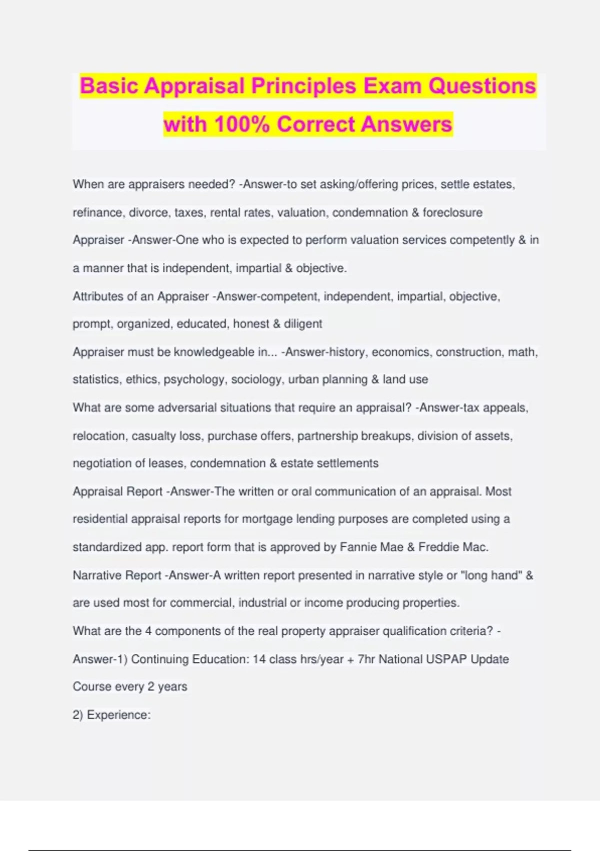 Basic Appraisal Principles Exam Questions with 100% Correct Answers ...