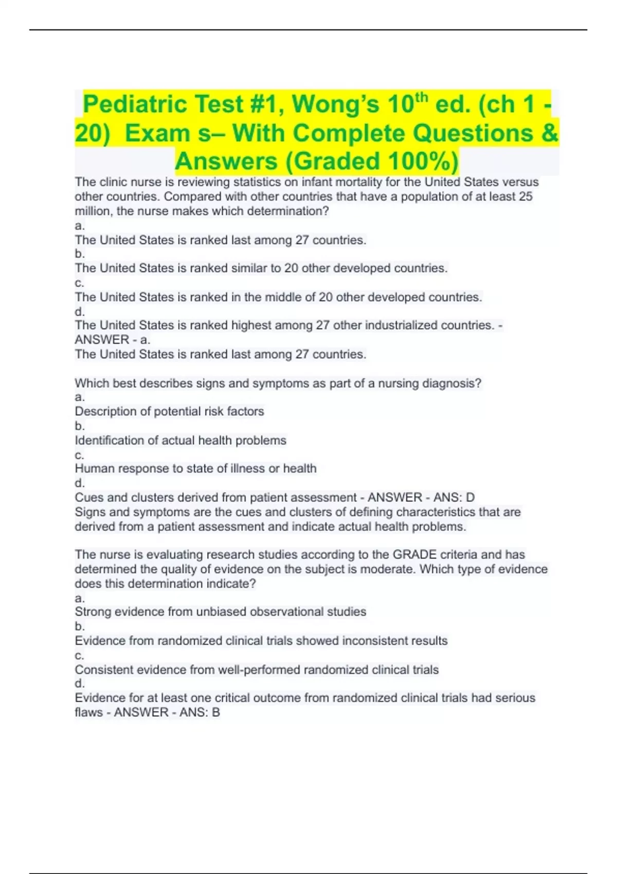 Pediatric Test #1, Wong’s 10th ed. (ch 1 - 20) Exam s– With Complete ...
