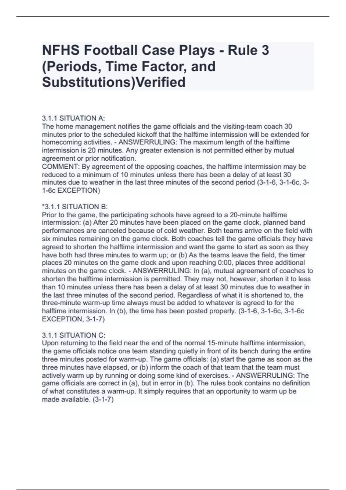 NFHS Football Case Plays - Rule 3 (Periods, Time Factor, and ...
