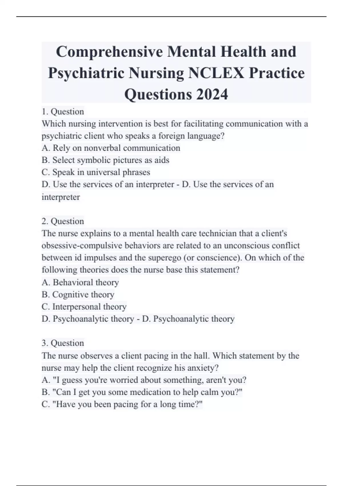 Comprehensive Mental Health and Psychiatric Nursing NCLEX Practice ...