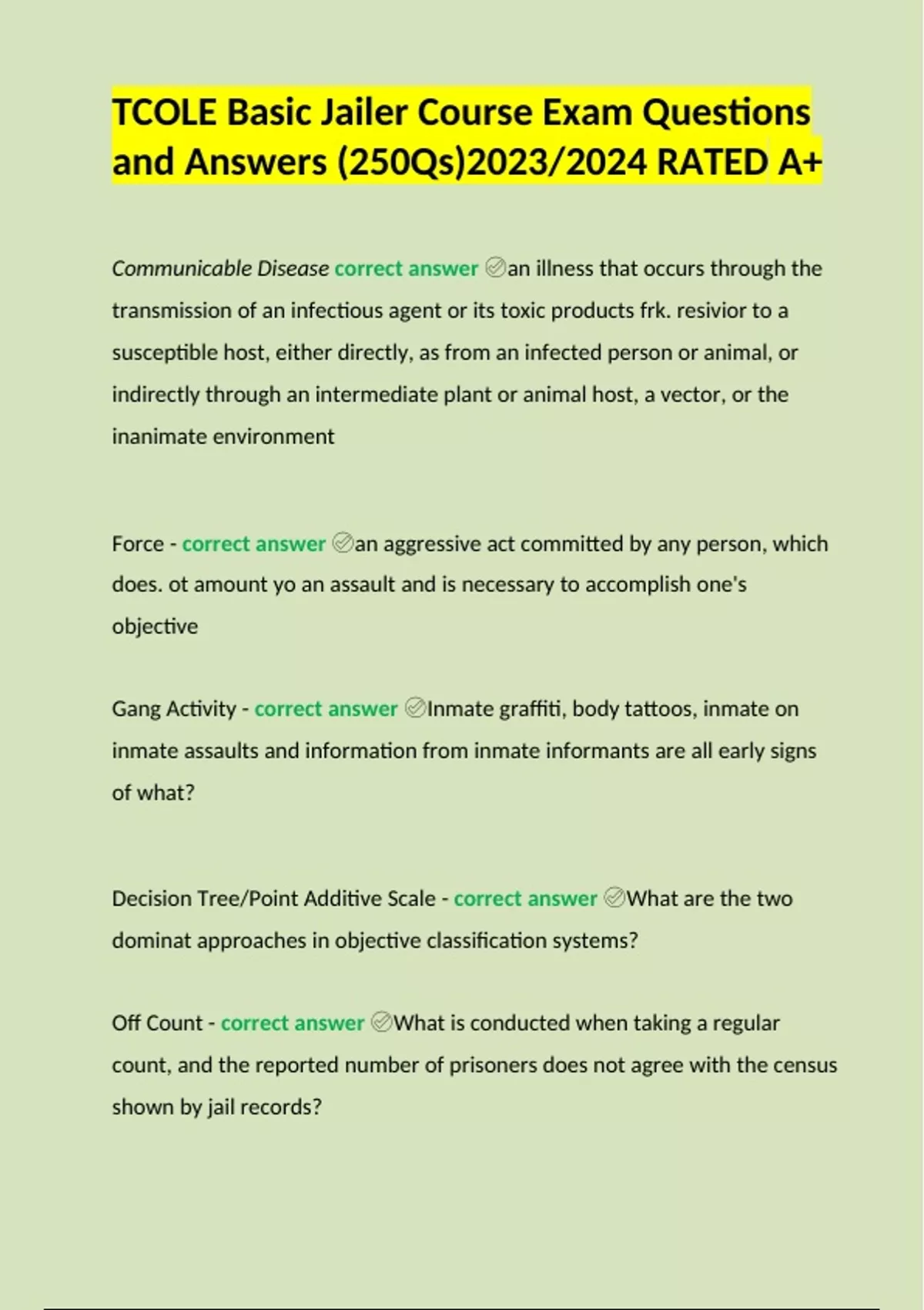 TCOLE Basic Jailer Course Exam Questions and Answers (250Qs)2023/2024 ...