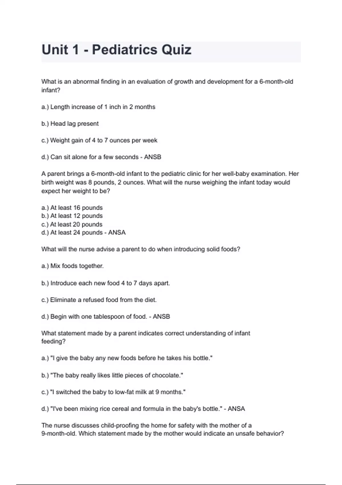 Unit 1 - Pediatrics Quiz 2024/2025 graded A+ by Experts - MN 580 ...