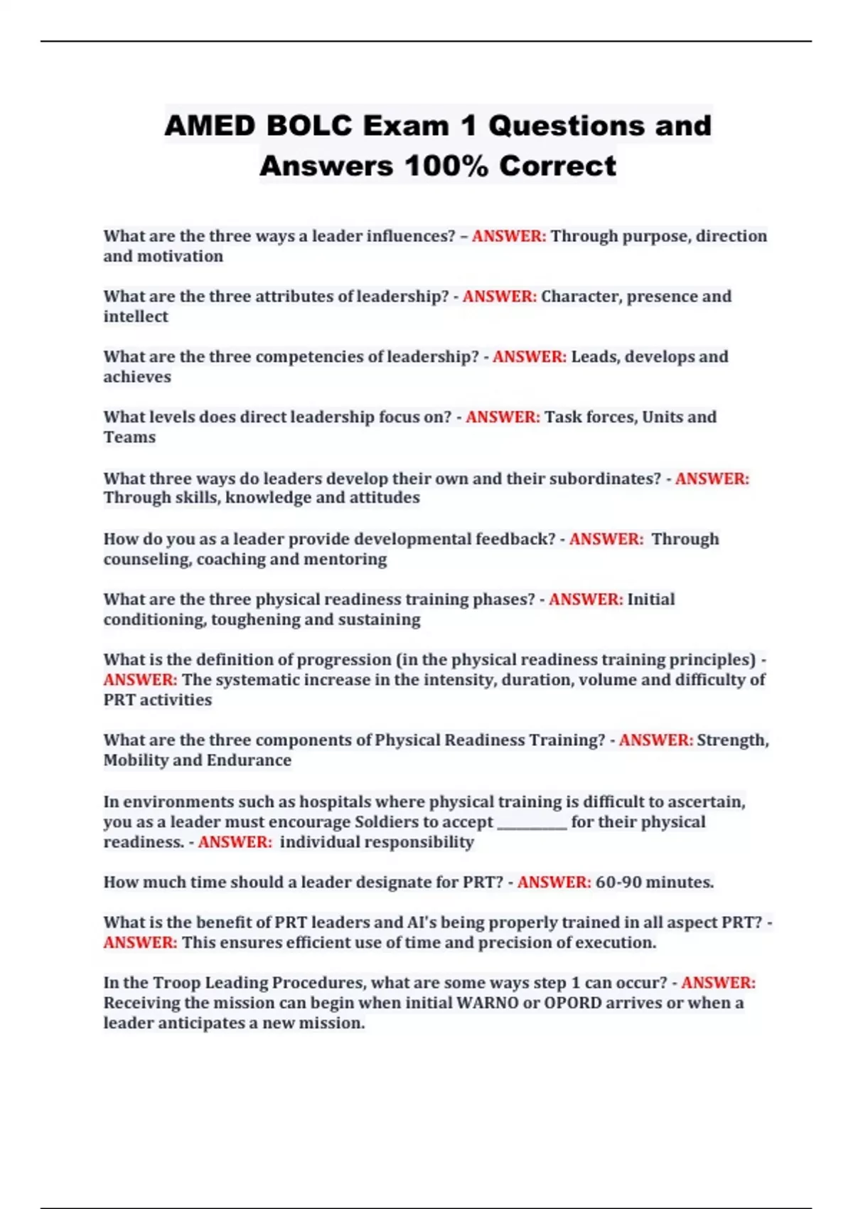 AMED BOLC Exam 1 (100% Correct) Questions With Answers - AMEDD BOLC - Stuvia US