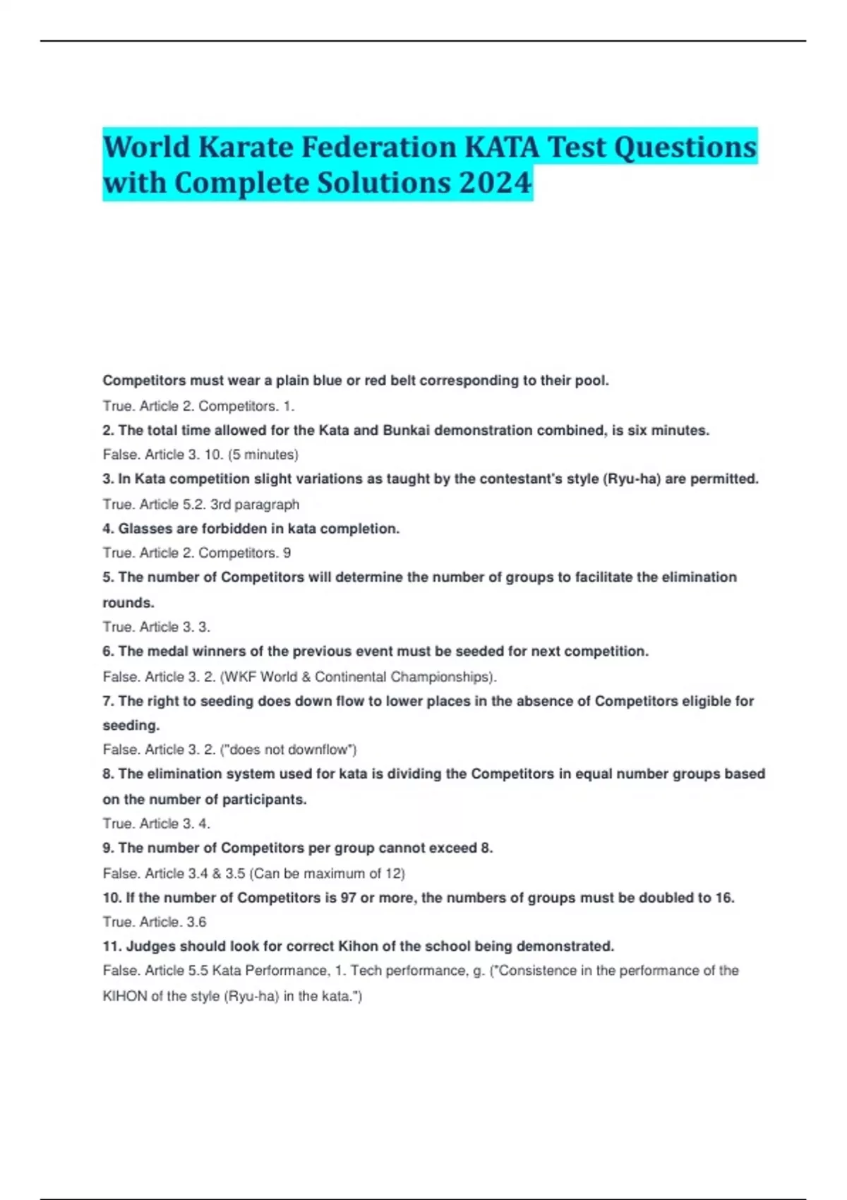 World Karate Federation KATA Test Questions with Complete Solutions ...