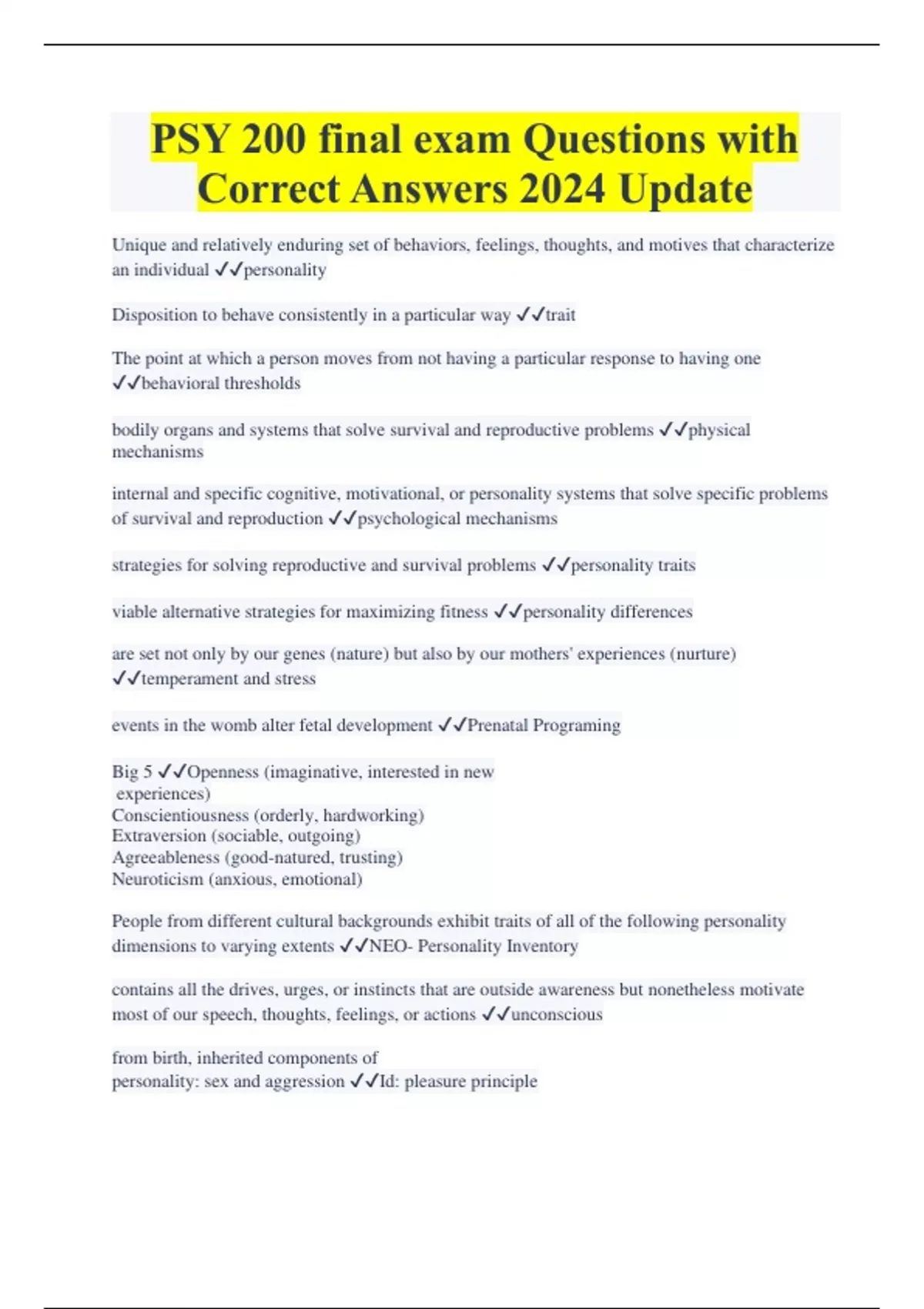 PSY 200 final exam Questions with Correct Answers 2024 Update - PSY 200 - Stuvia US