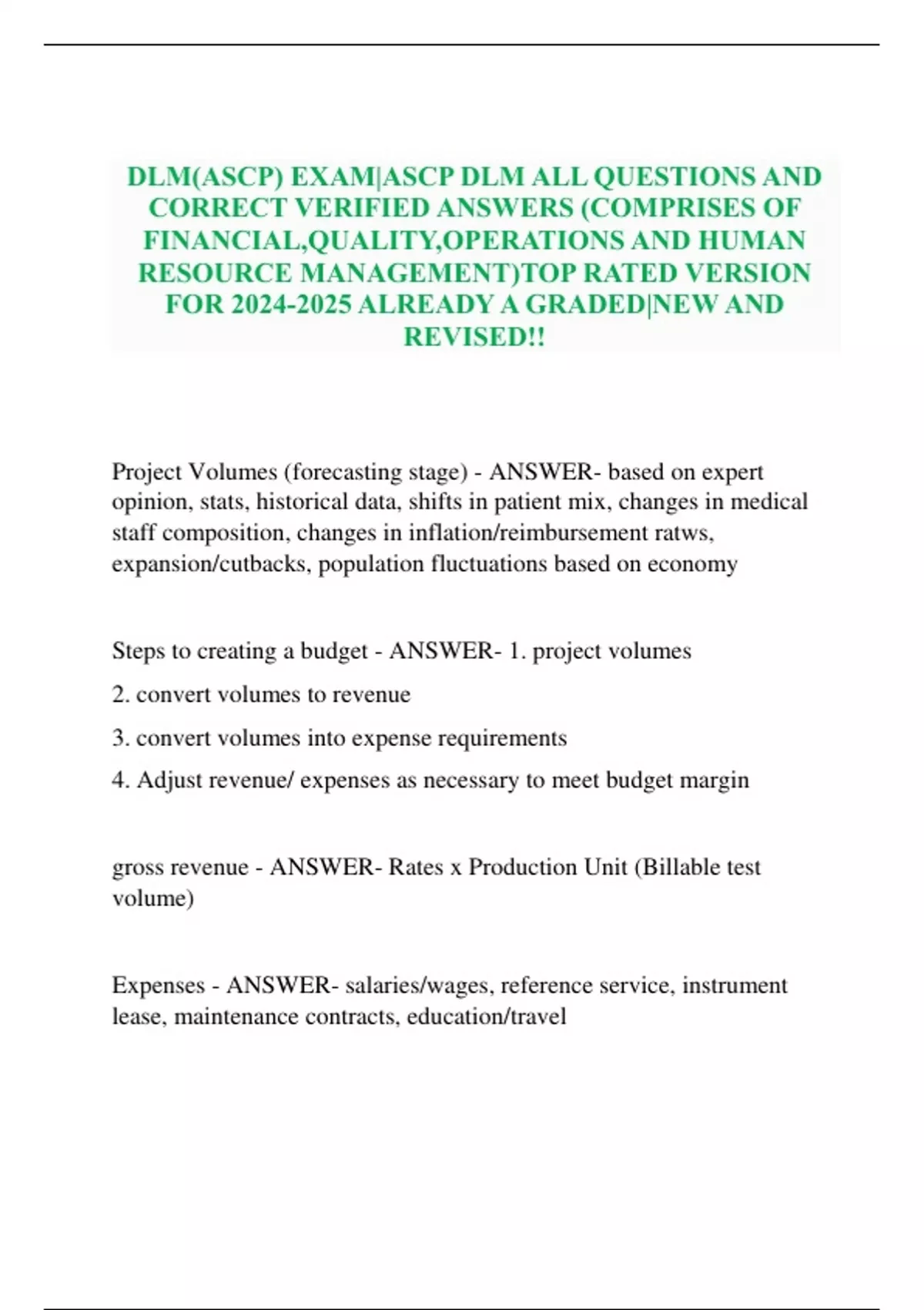 DLM(ASCP) EXAM|ASCP DLM ALL QUESTIONS AND CORRECT VERIFIED ANSWERS ...