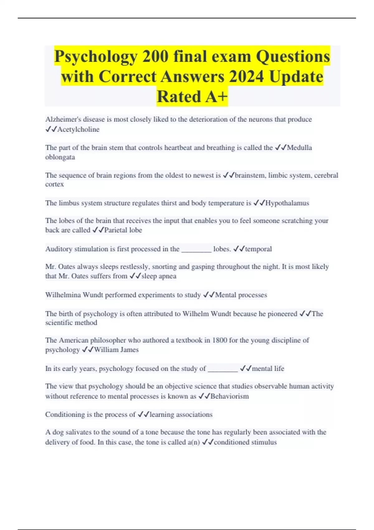 Psychology 200 final exam Questions with Correct Answers 2024 Update ...