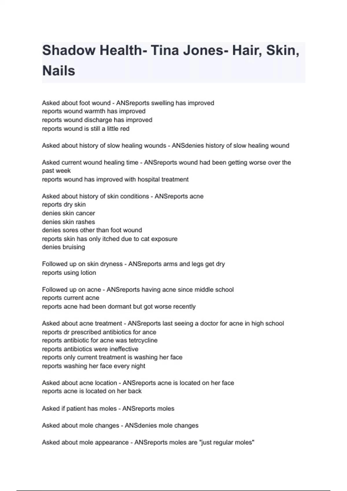 Shadow Health- Tina Jones- Hair, Skin, Nails 2024/2025 graded A+ by ...
