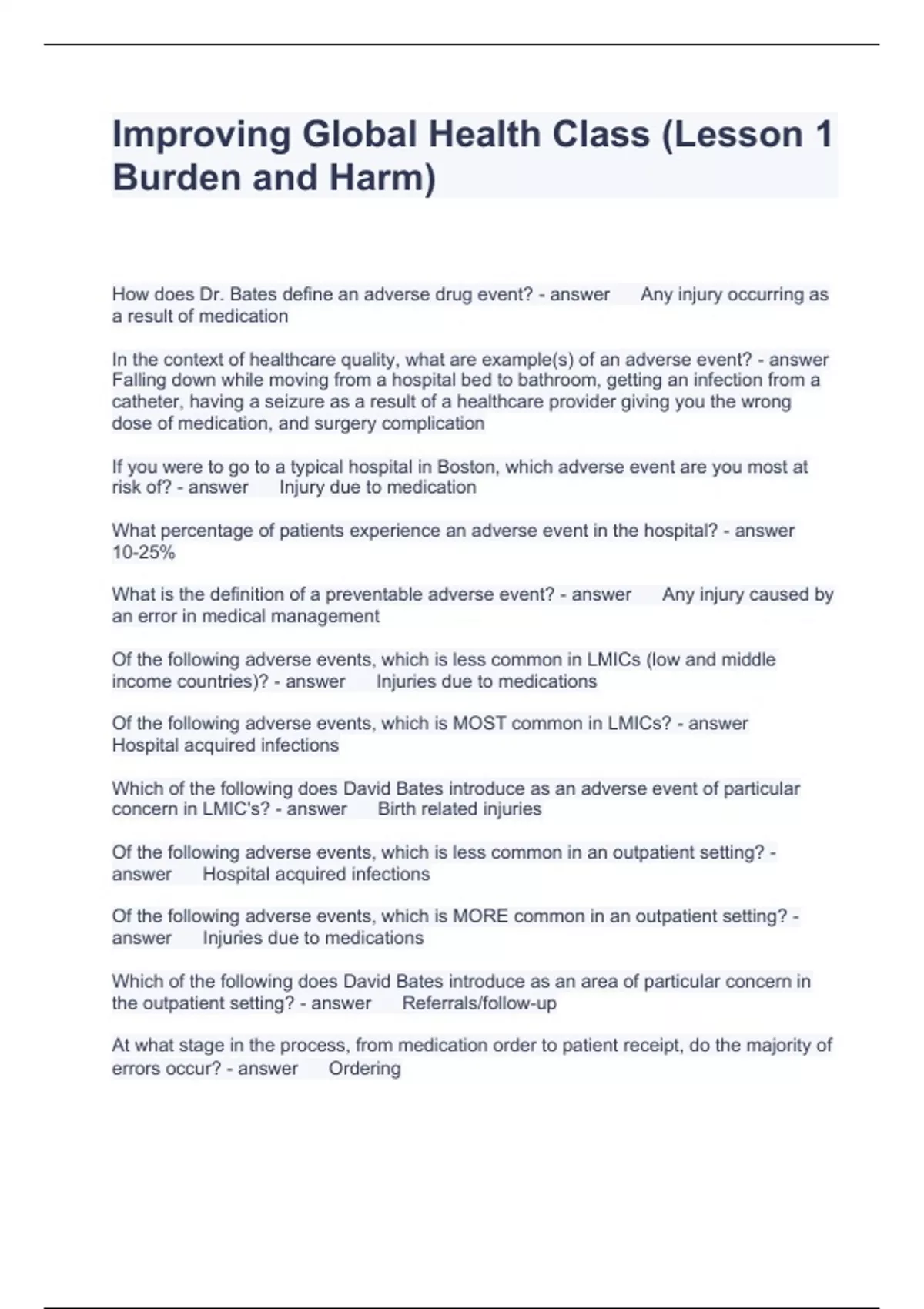 Improving Global Health Class (Lesson 1 Burden and Harm) Questions and ...