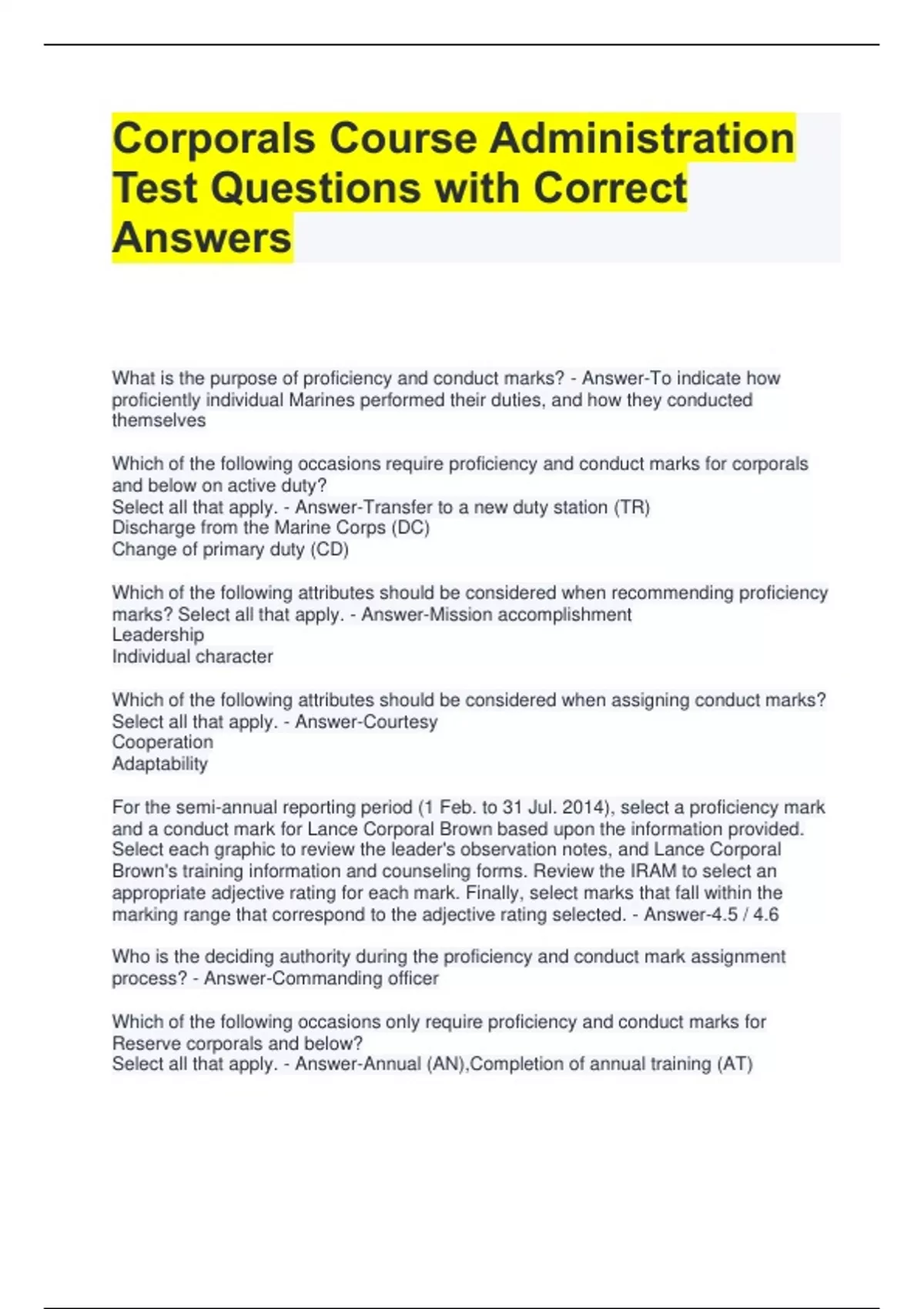 Corporals Course Administration Test Questions With Correct Answers Corporals Course Stuvia Us