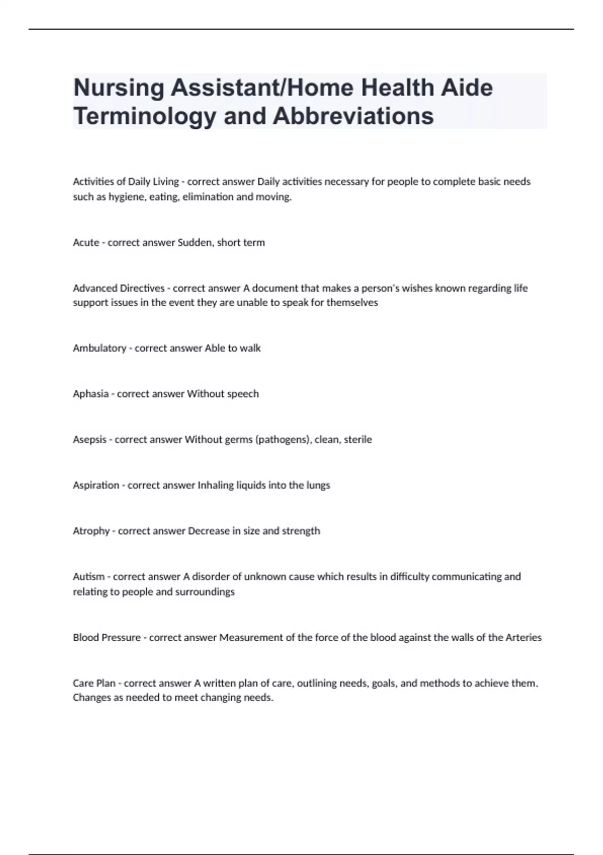 Nursing Assistant/Home Health Aide Terminology and Abbreviations 2023/ ...