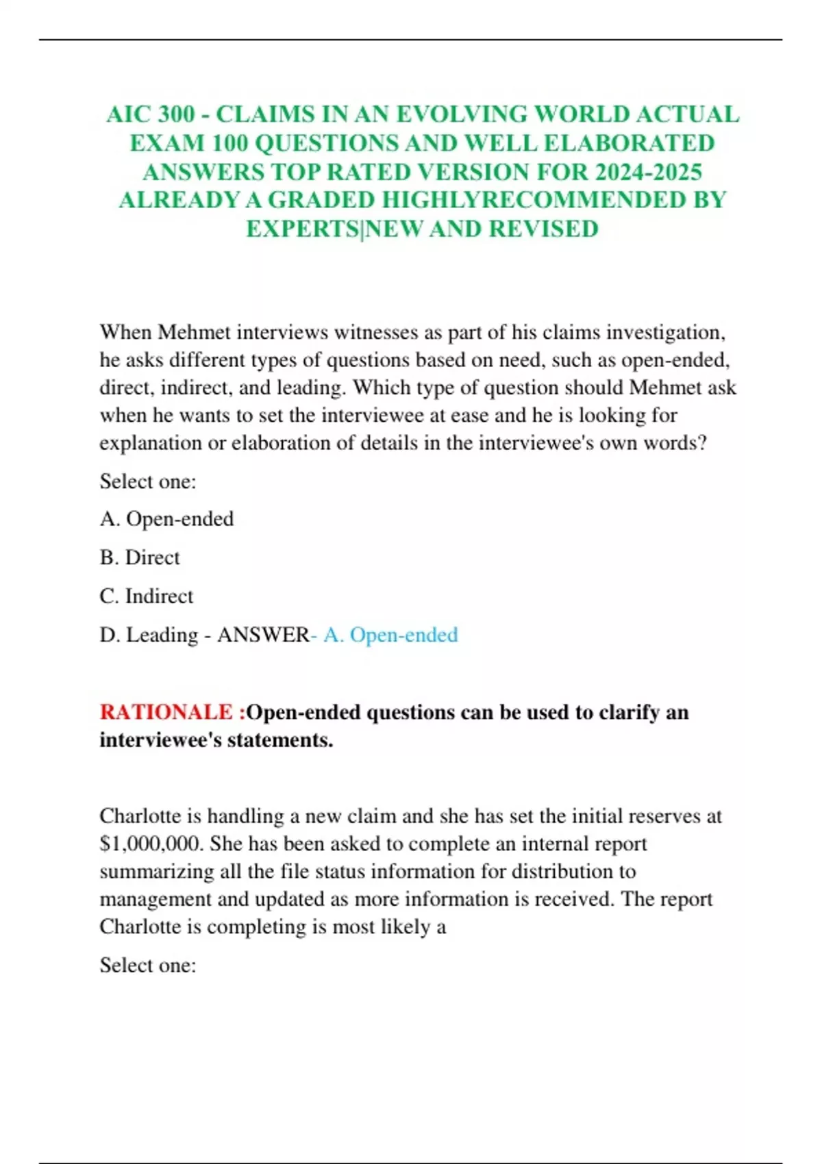 AIC 300 - CLAIMS IN AN EVOLVING WORLD ACTUAL EXAM 100 QUESTIONS AND ...