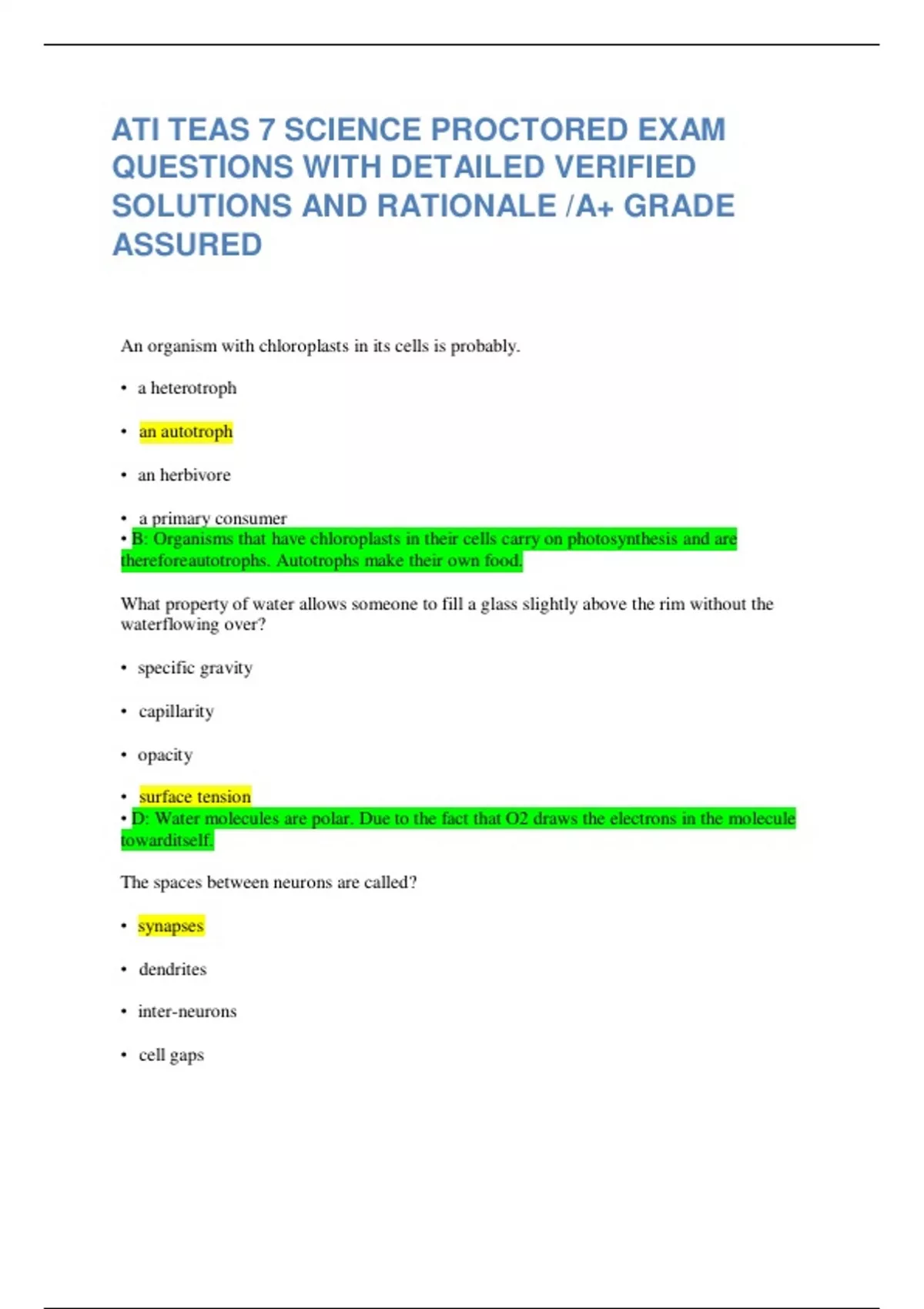 ATI TEAS 7 SCIENCE PROCTORED EXAM QUESTIONS WITH DETAILED VERIFIED ...