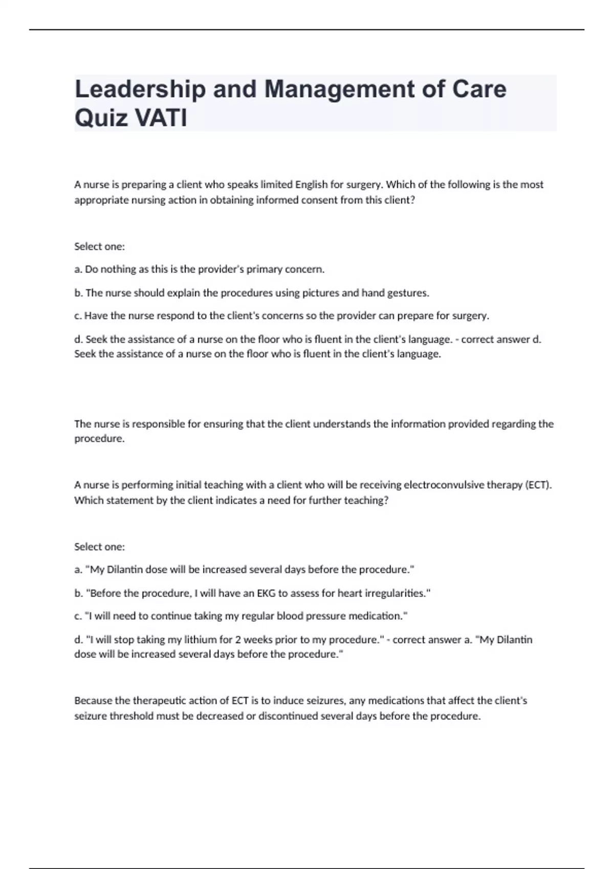 Leadership And Management Of Care Quiz