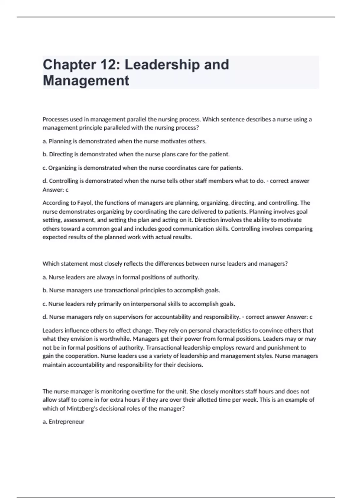 Chapter 12: Leadership and Management with correct answers 2024 - ATI ...