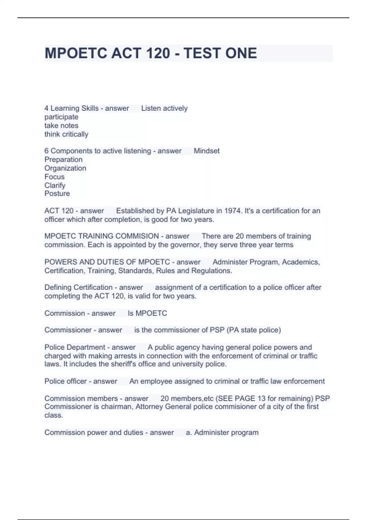 MPOETC ACT 120 - TEST ONE QUESTIONS WITH CORRECT ANSWERS - MPOETC ...
