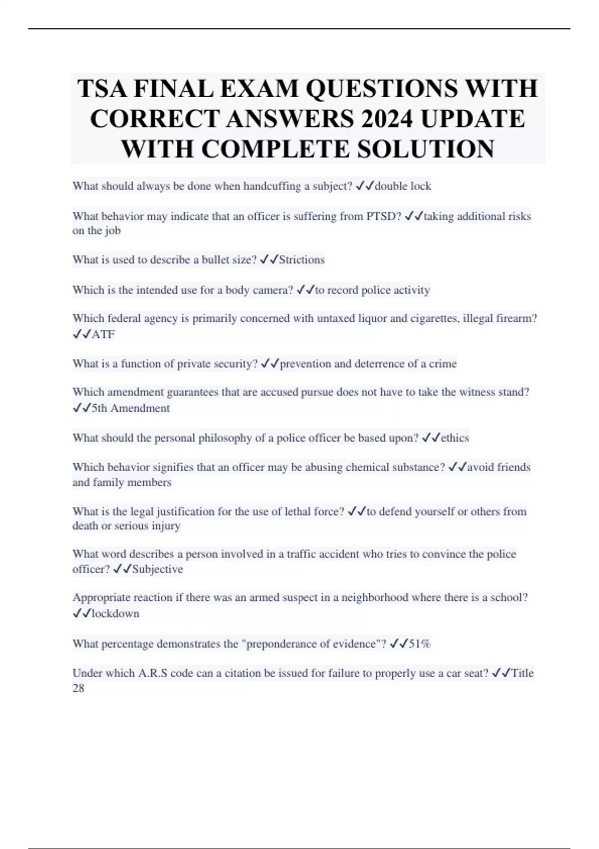 TSA FINAL EXAM QUESTIONS WITH CORRECT ANSWERS 2024 UPDATE WITH COMPLETE SOLUTION - TSA - Stuvia US