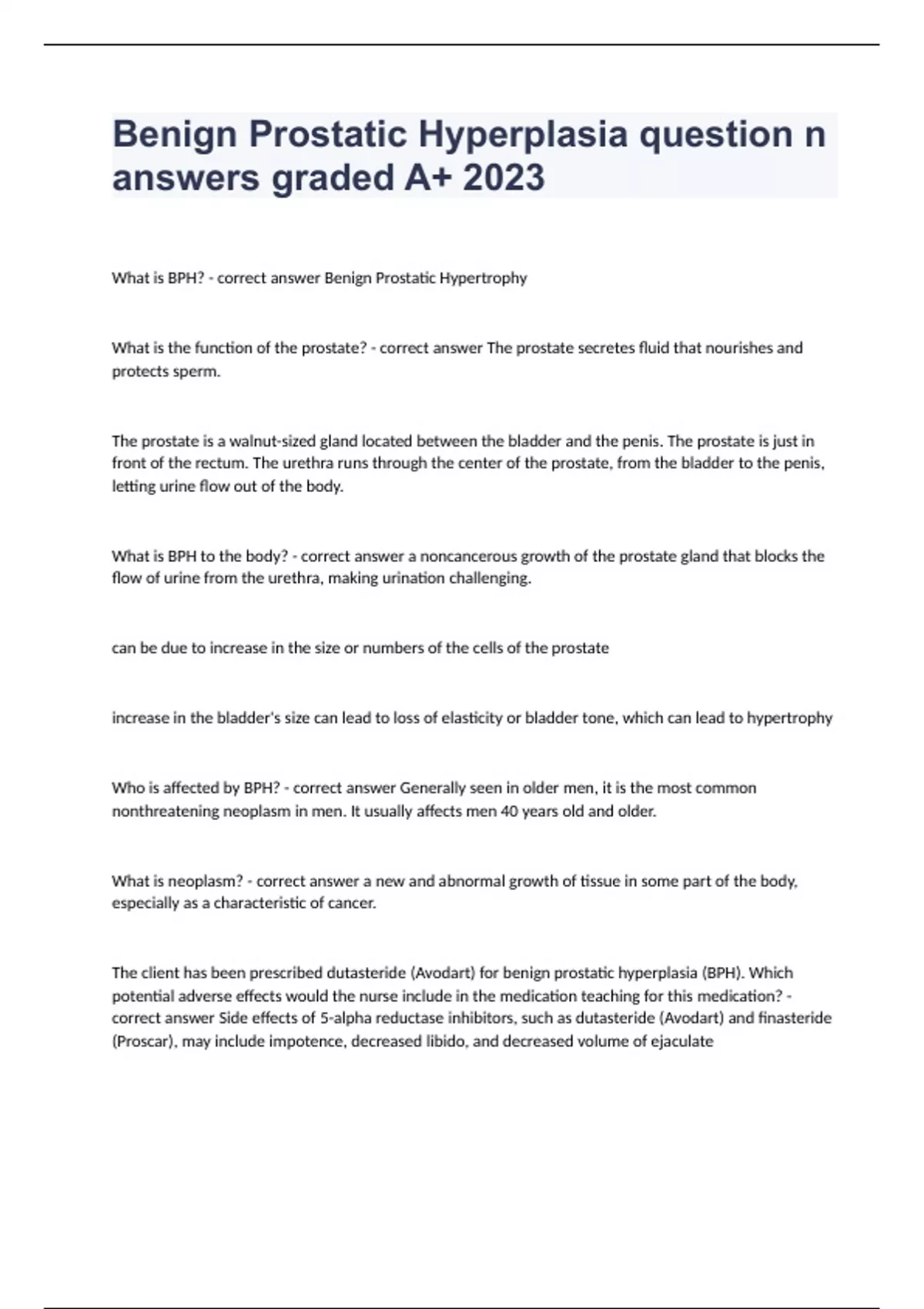 Benign Prostatic Hyperplasia question and answers rated A+ 2024 ...