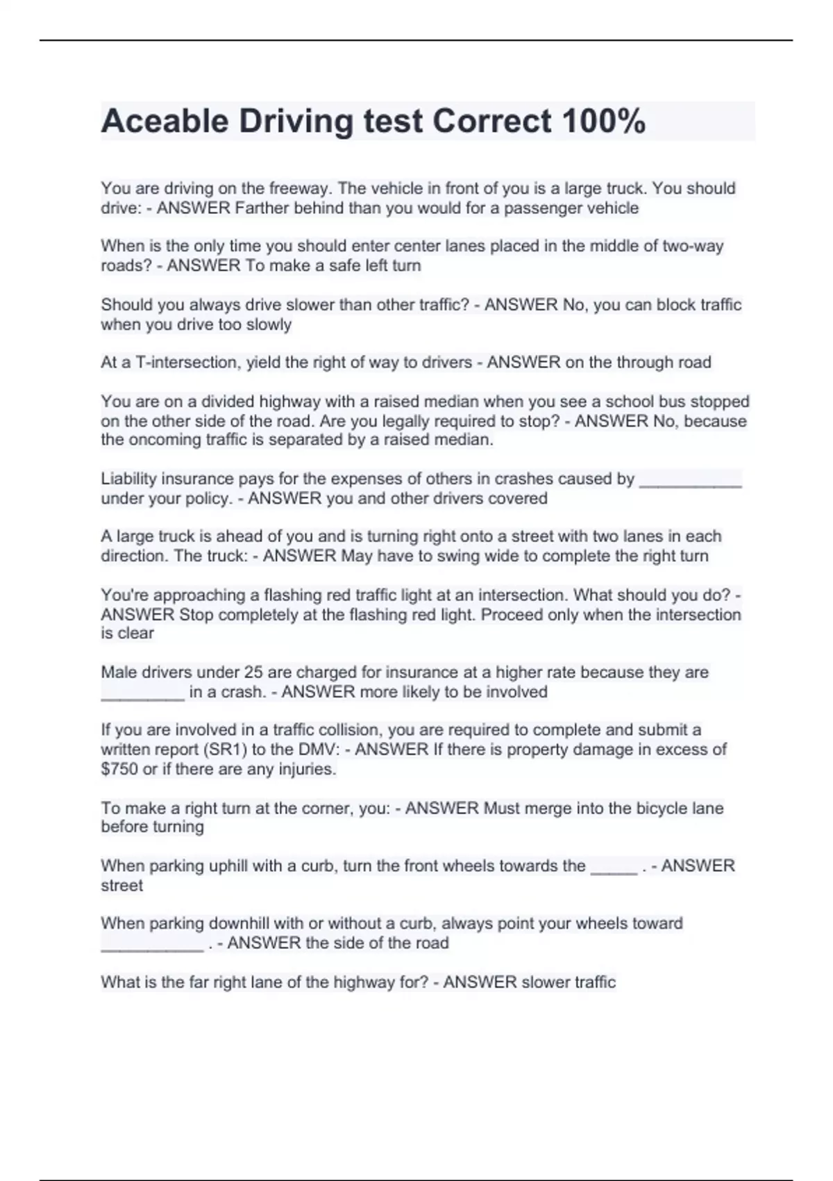 Aceable Driving test Correct 100%Aceable Driv - Aceable Driving - Stuvia US