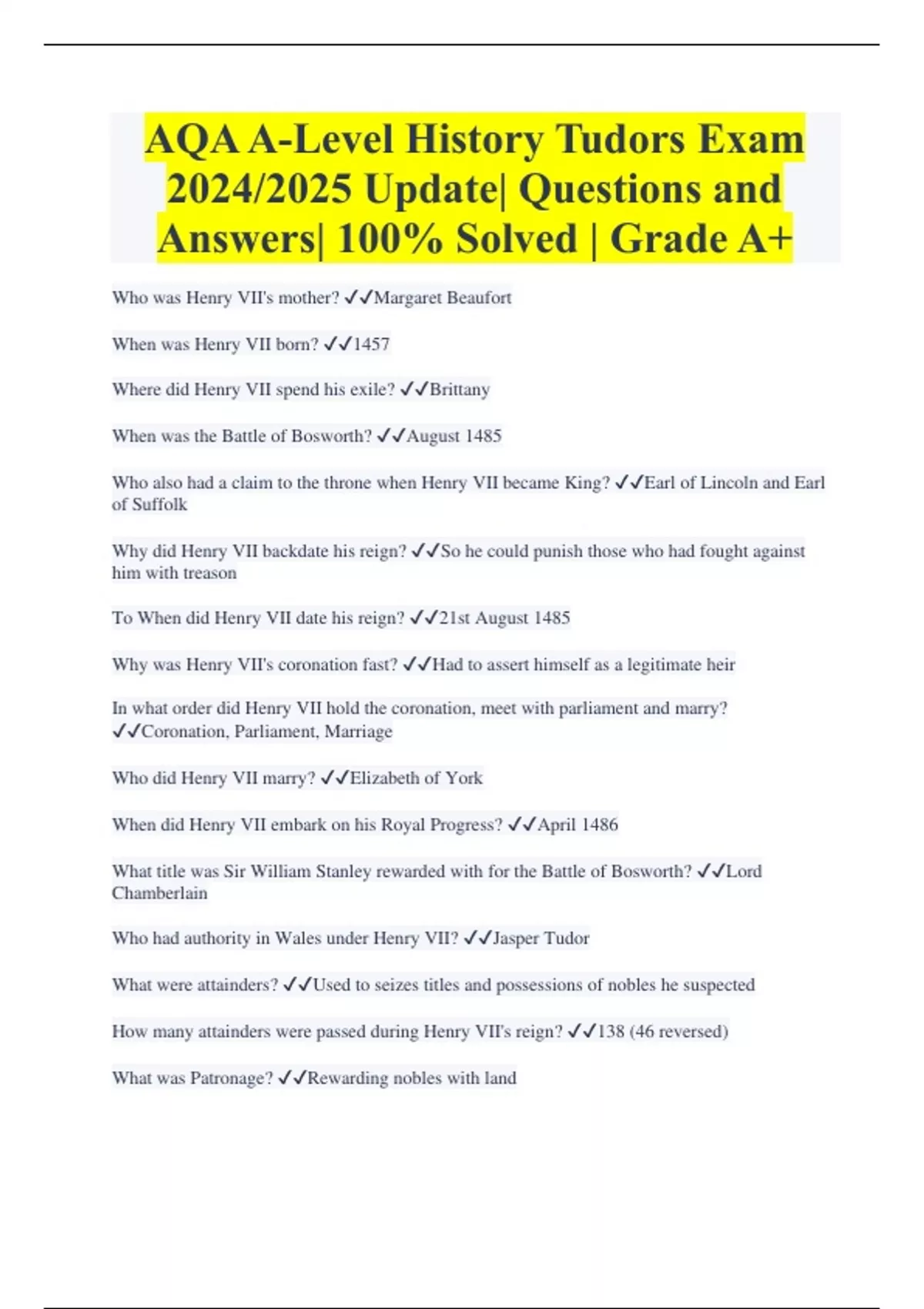 AQA A-Level History Tudors Exam 2024/2025 Update| Questions and Answers| 100% Solved | Grade A+ ...