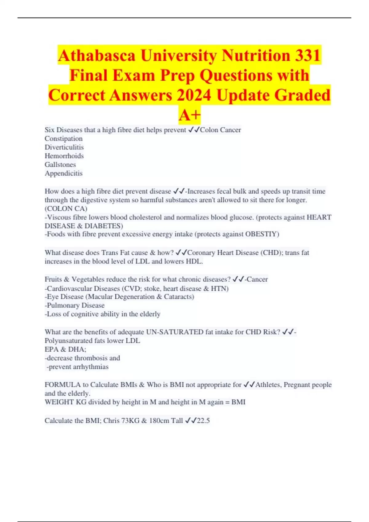 Athabasca University Nutrition 331 Final Exam Prep Questions with Correct Answers 2024 Update ...