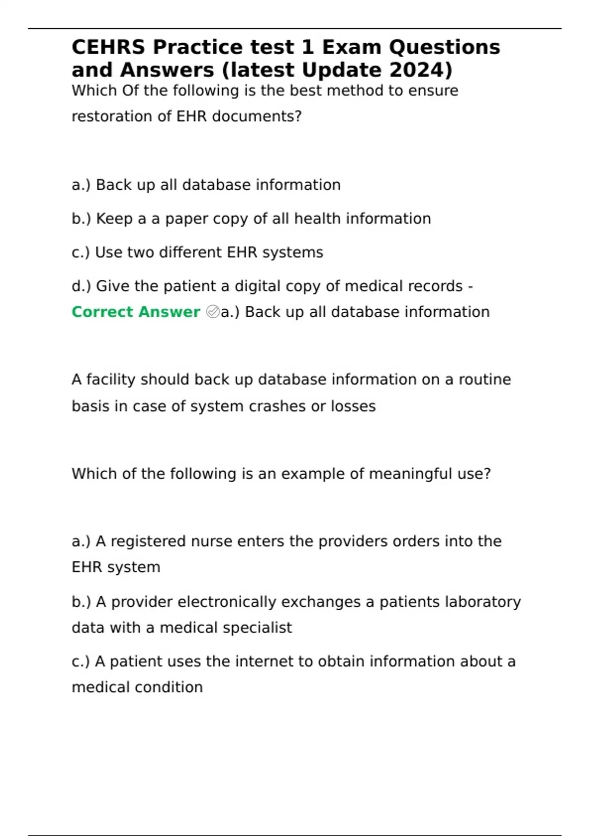 CEHRS Practice test 1 Exam Questions and Answers (latest Update 2024 ...
