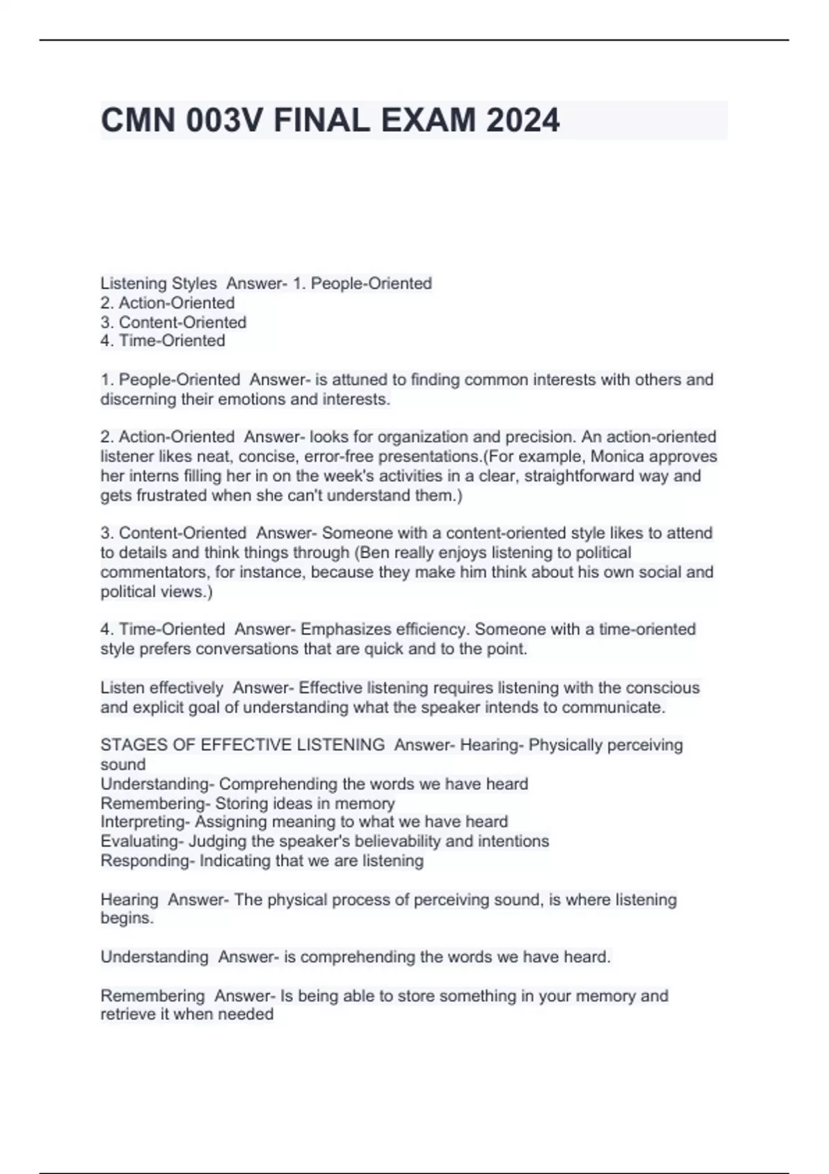 CMN 003V FINAL EXAM 2024 - CMN 003V - Stuvia US