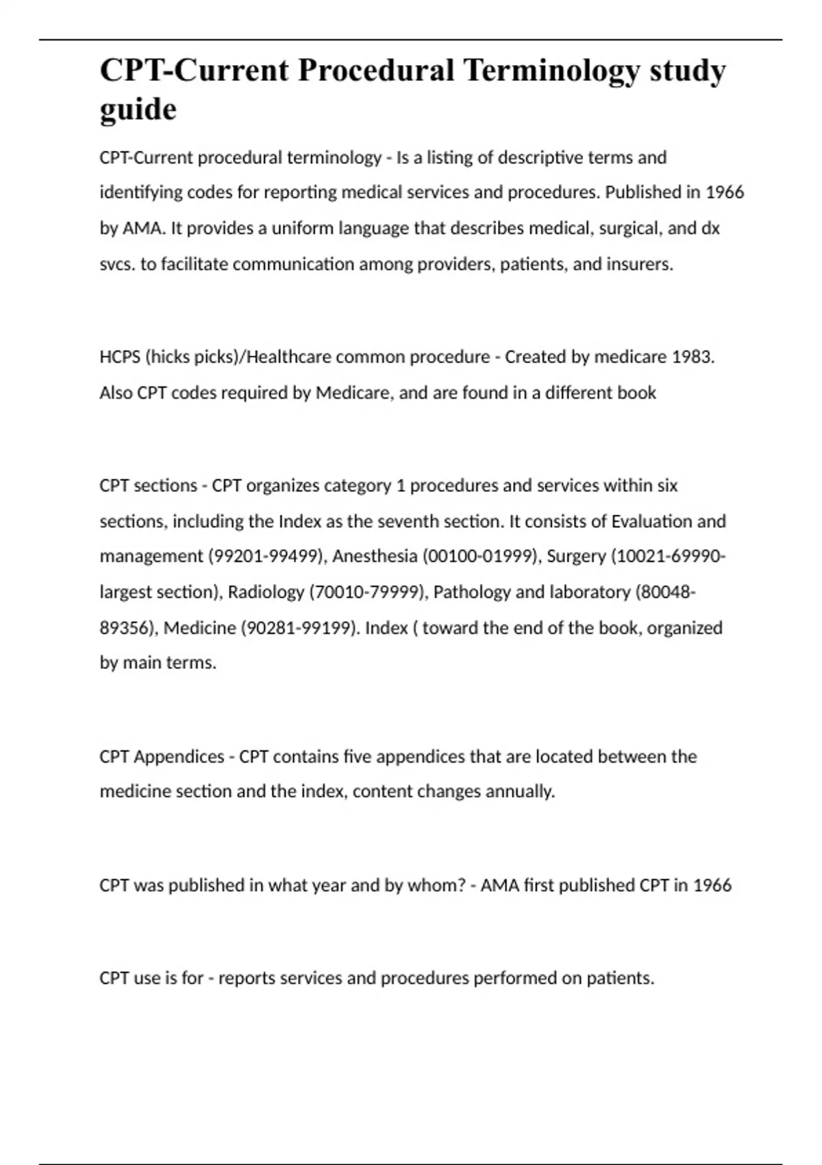 CPT-Current Procedural Terminology study guide - CPT-C - Stuvia US