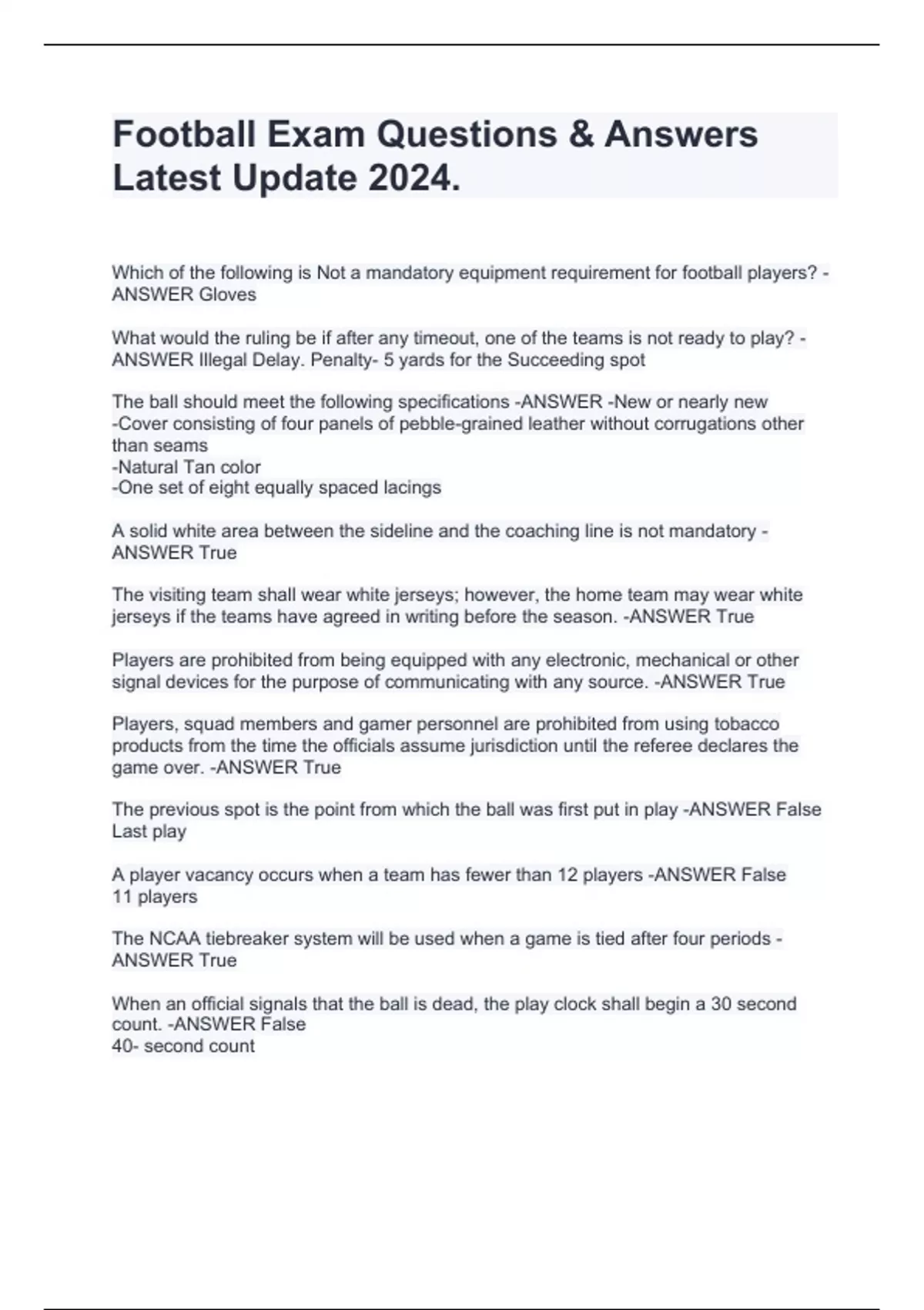 Football Exam Questions & Answers Latest Update 2024. - Football ...