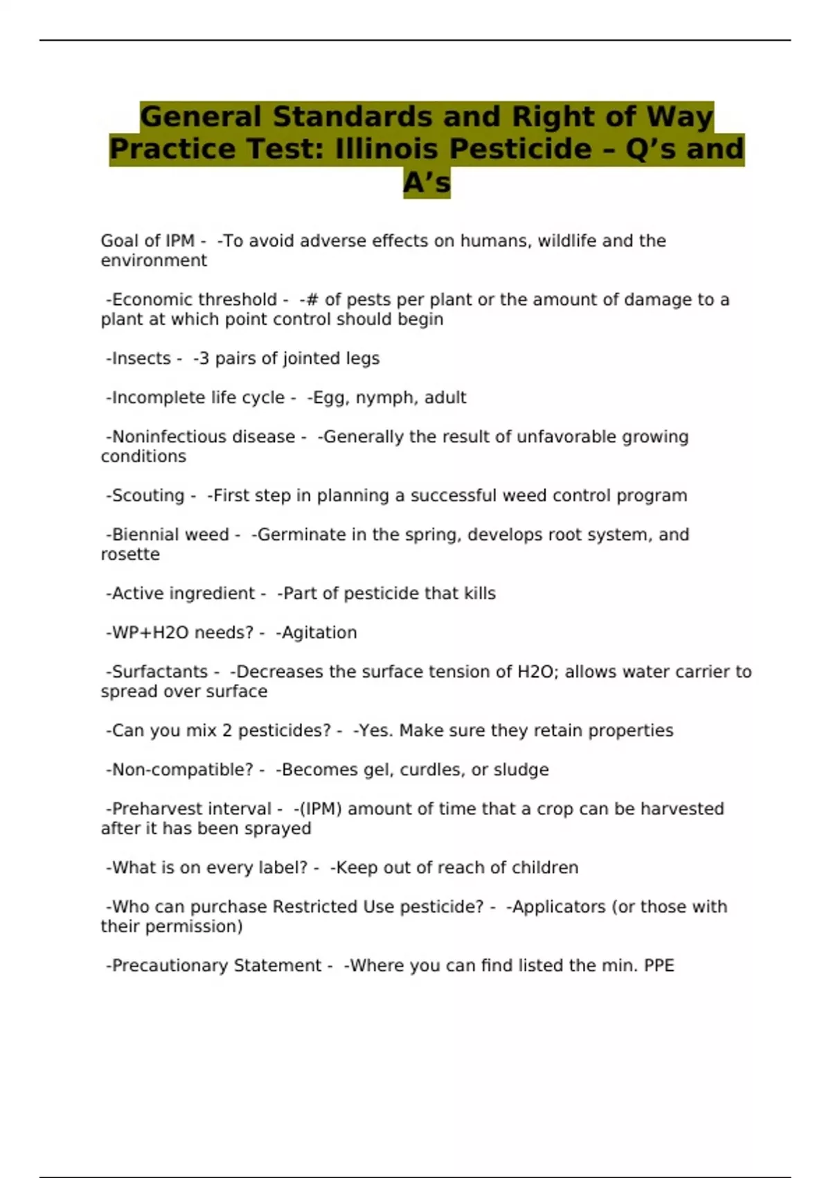 General Standards and Right of Way Practice Test: Illinois Pesticide ...