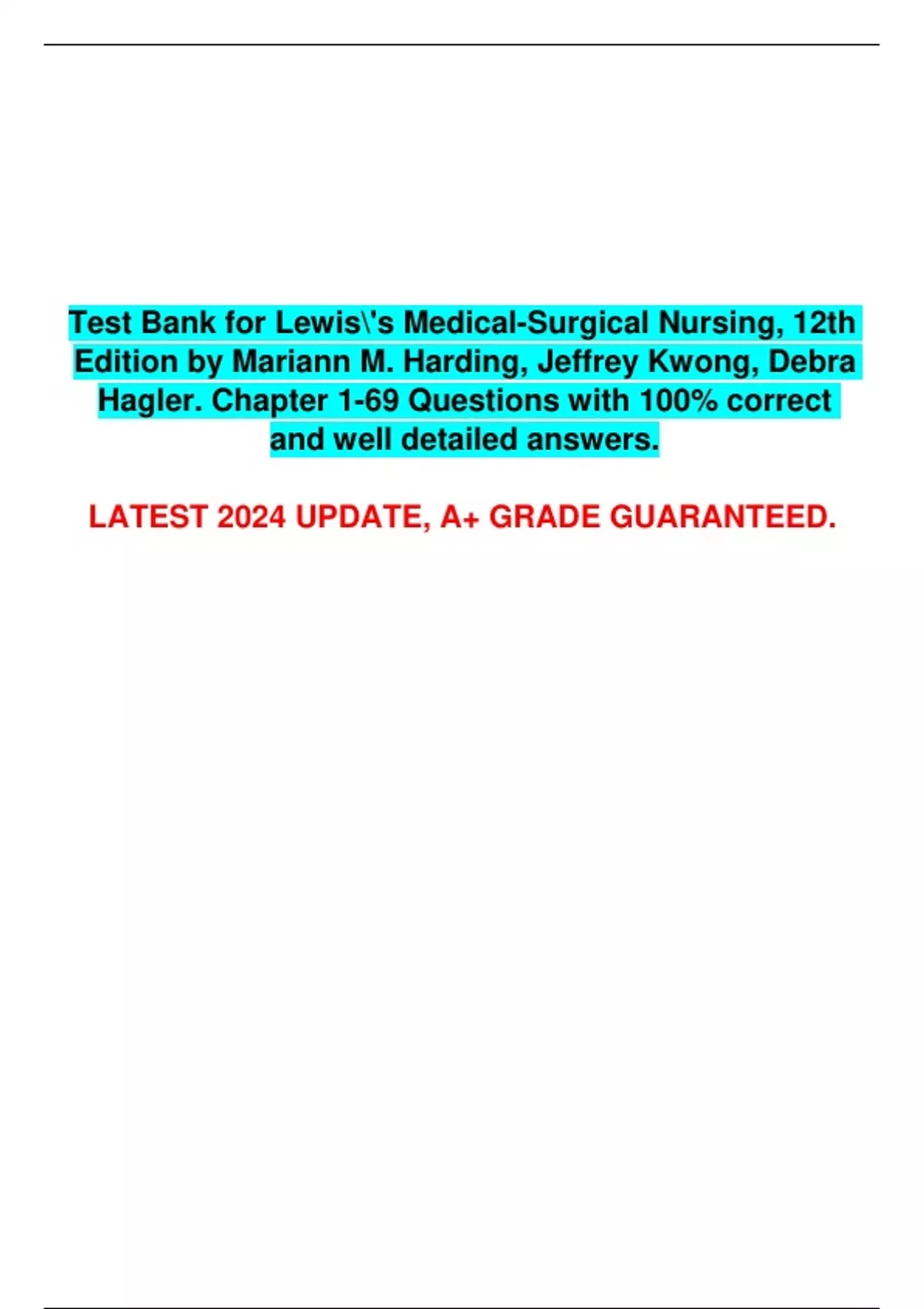 Test Bank for Lewis's Medical-Surgical Nursing, 12th Edition by Mariann ...