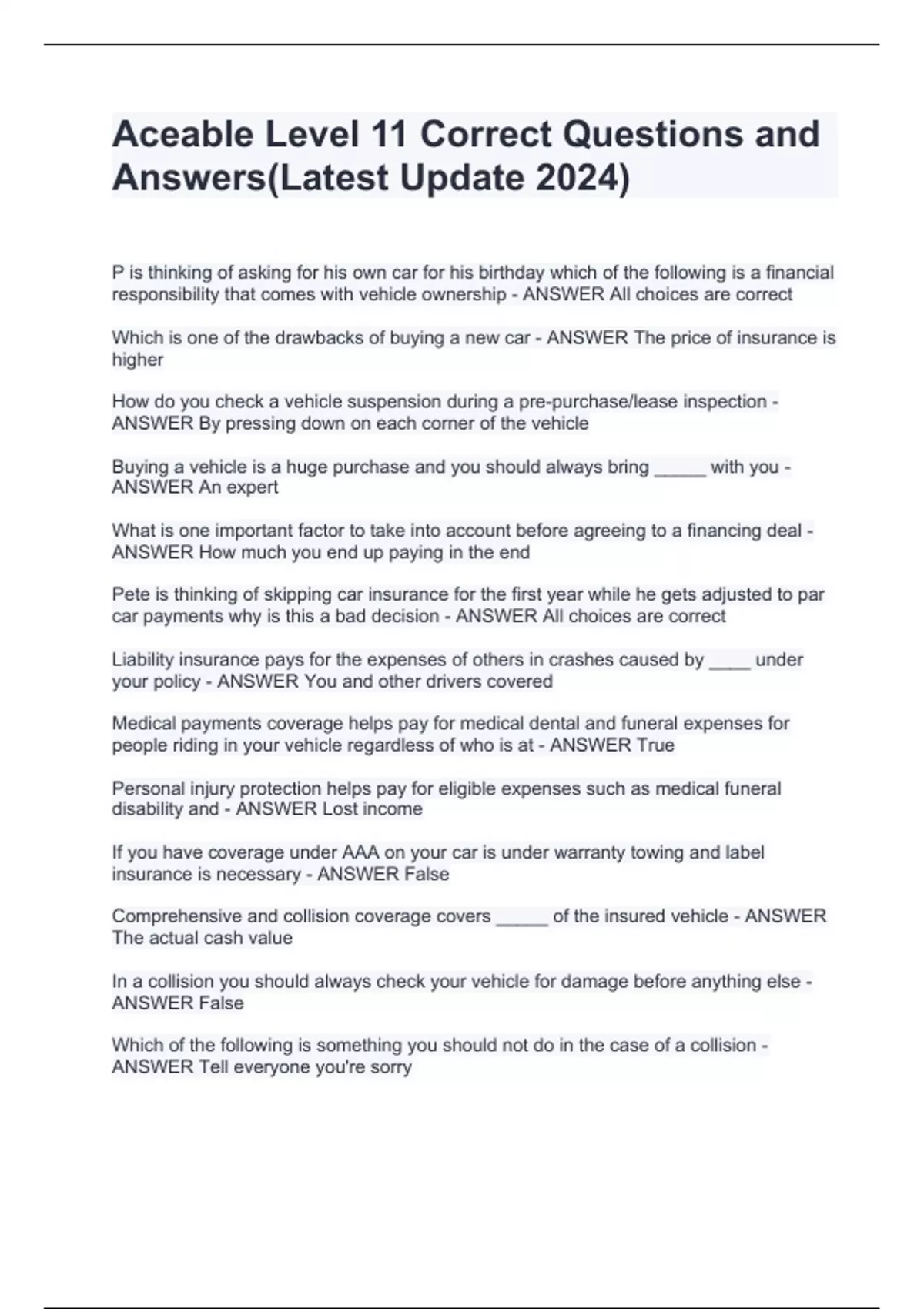 Aceable Level 11 Correct Questions and Answers(Latest Update 2024 ...