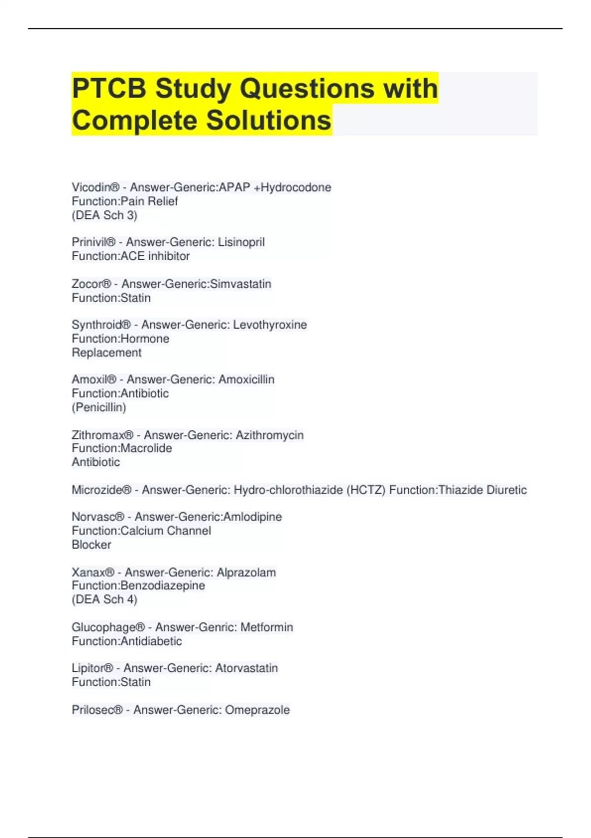 PTCB Study Questions with Complete Solutions - PTCB - Stuvia US