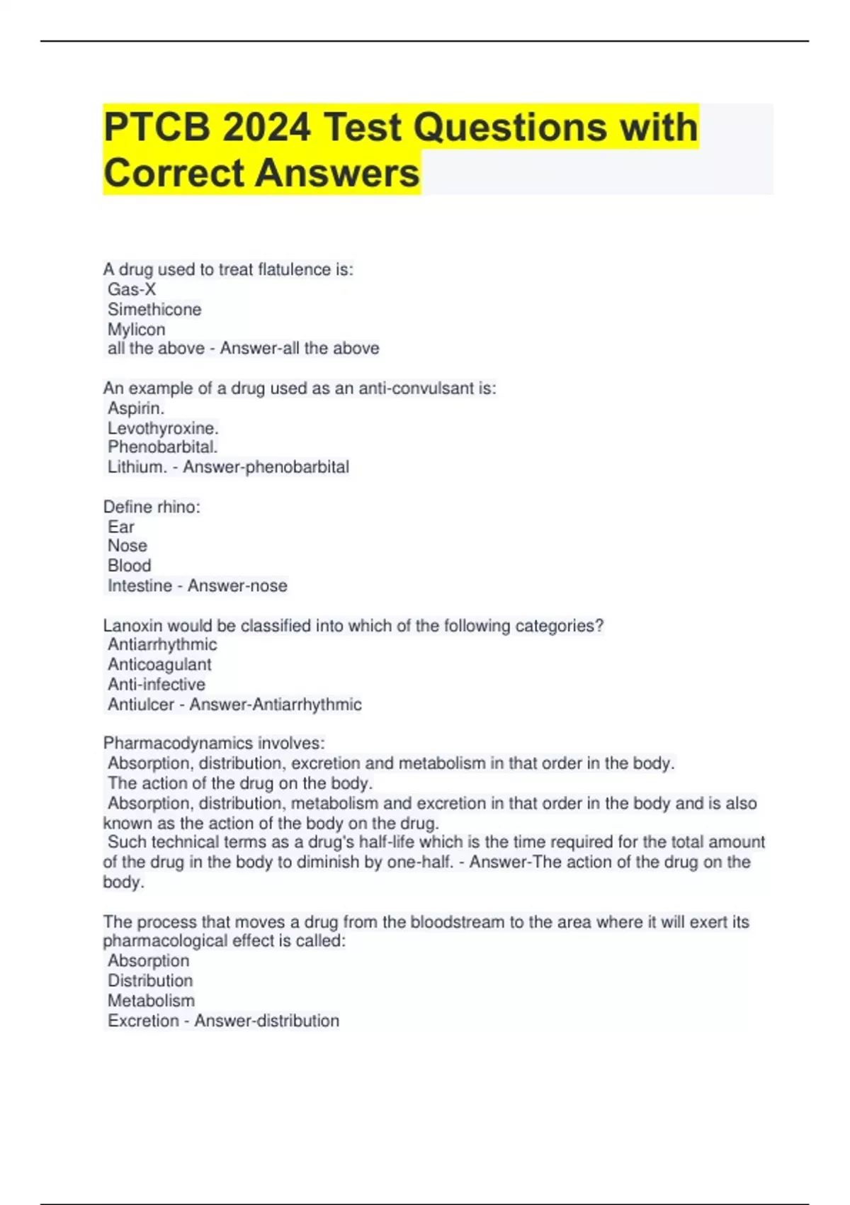 PTCB 2024 Test Questions with Correct Answers - PTCB - Stuvia US