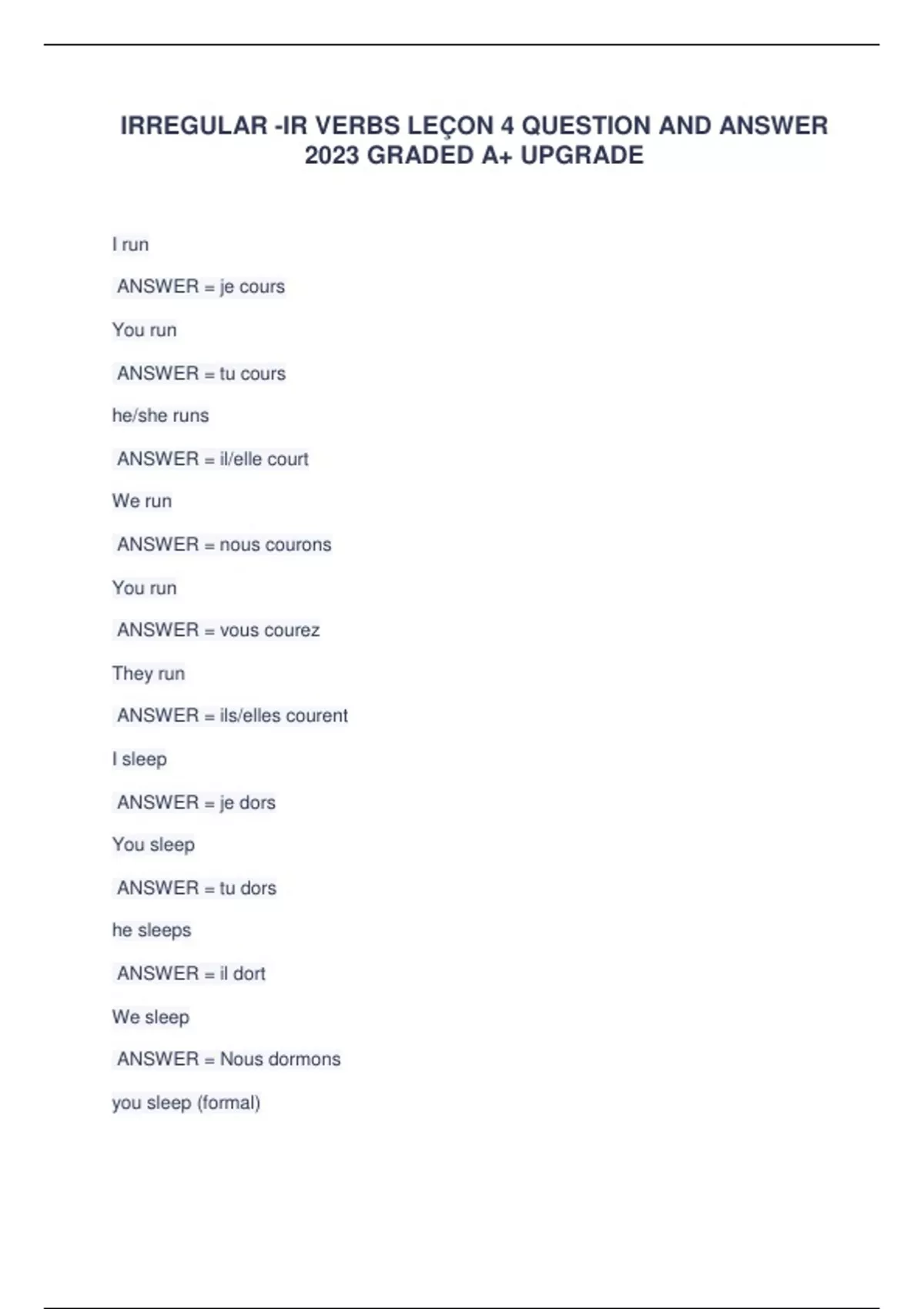 IRREGULAR -IR VERBS LEÇON 4 QUESTION AND ANSWER 2023 GRADED A+ UPGRADE ...