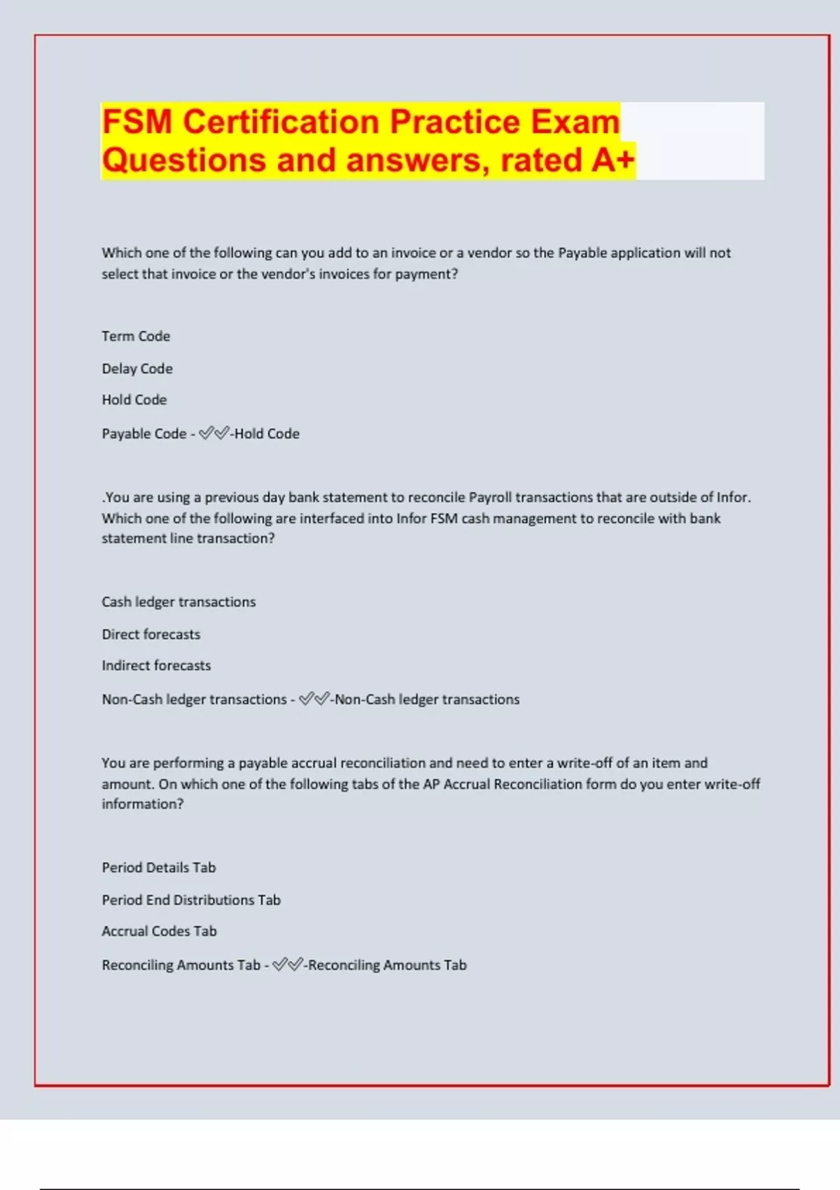 FSM Certification Practice Exam Questions and answers, rated A+/ 2024/ ...