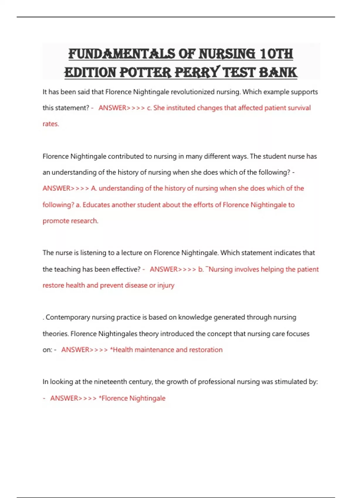 FUNDAMENTALS OF NURSING 10TH EDITION POTTER PERRY TEST BANK - LVN ...