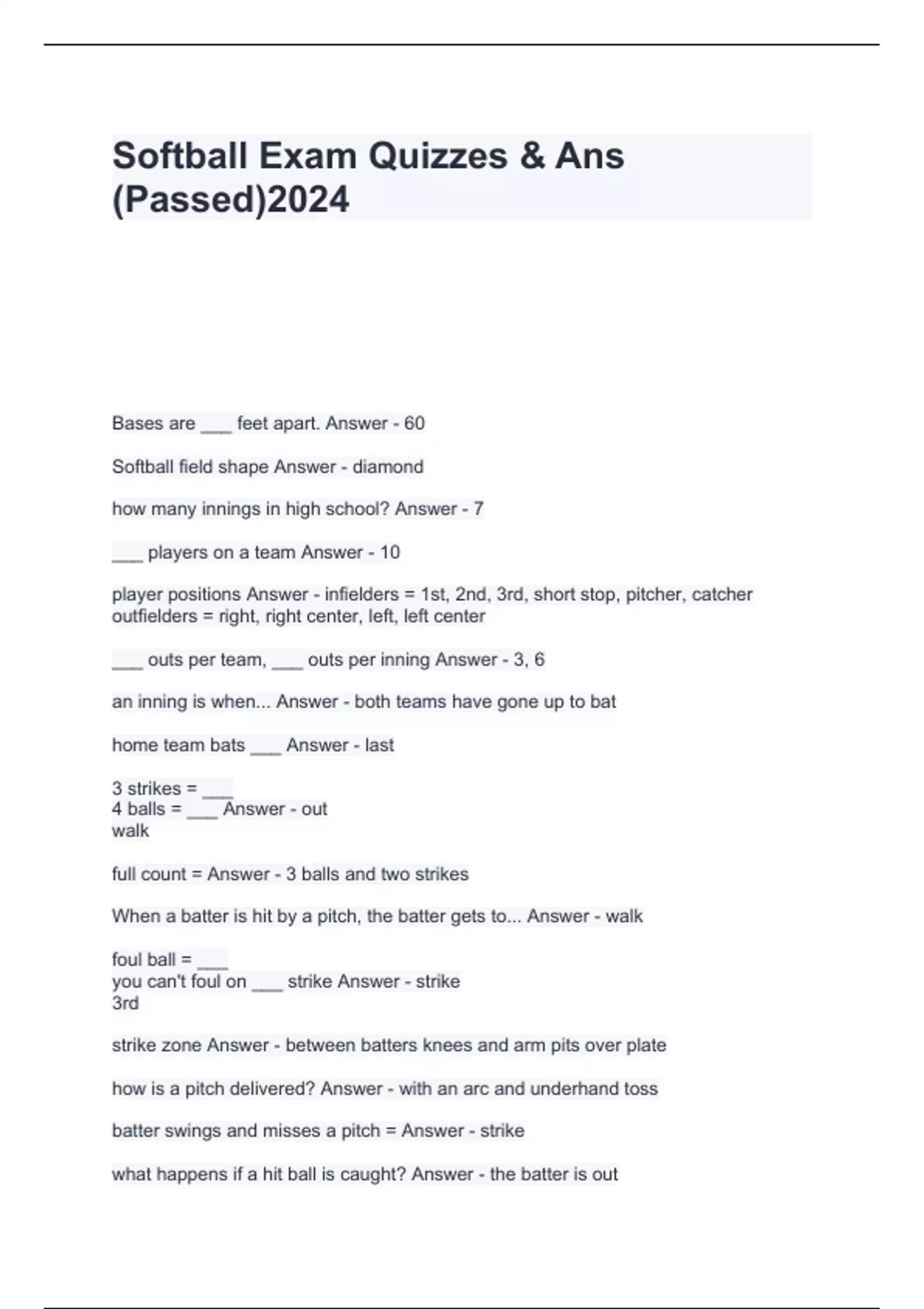 Softball Exam Quizzes & Ans (Passed)2024 - NFHS Softball - Stuvia US
