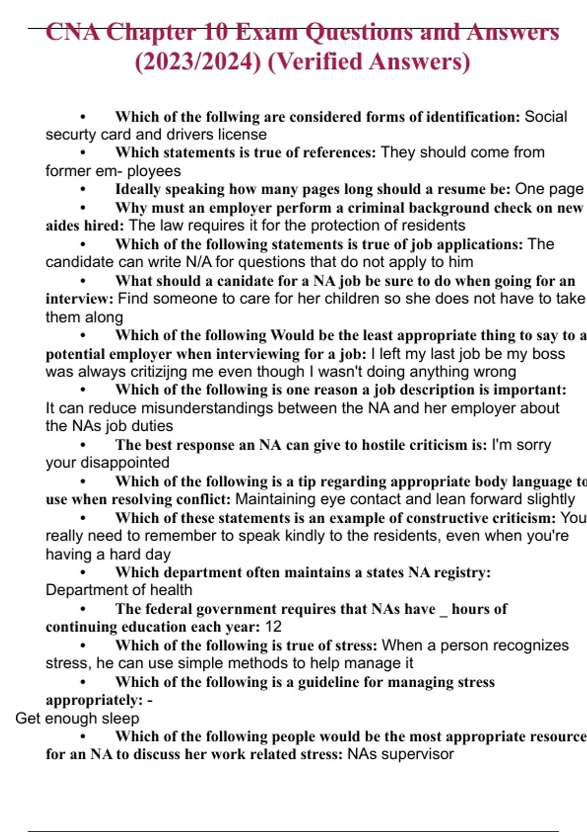 CNA chapter 10 exam Questions and Answers (2024) 100% Verified Answers - CNA - Certified Nursing ...