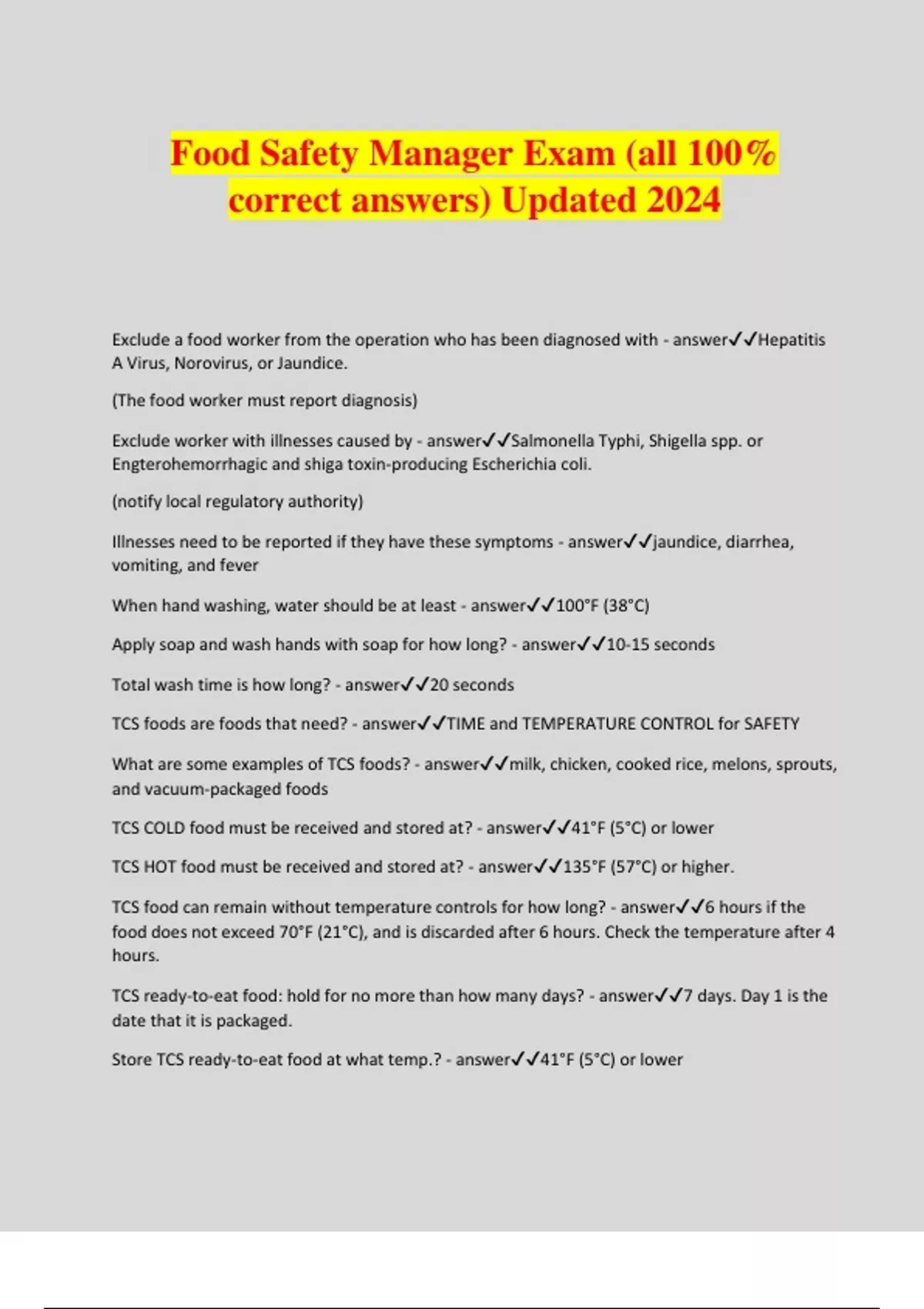 Food Safety Manager Exam (all 100% correct answers) Updated 2024 - Food ...