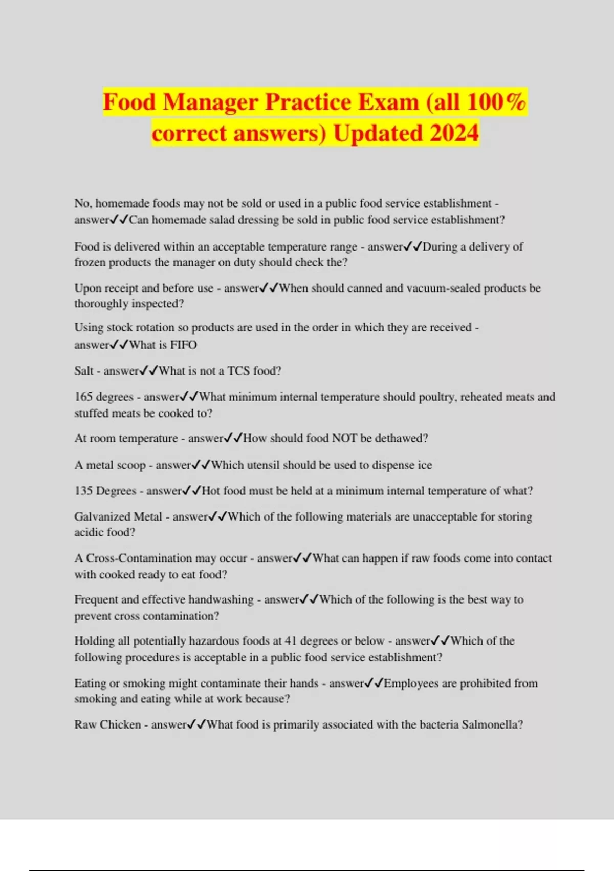 Food Manager Practice Exam (all 100% correct answers) Updated 2024 ...
