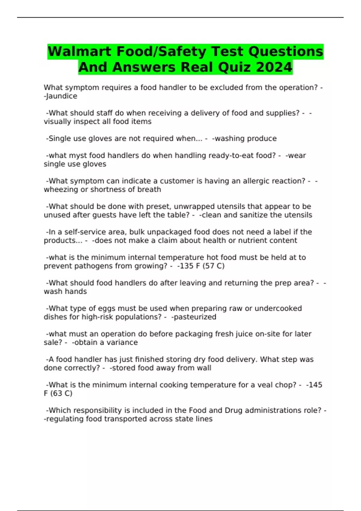 Walmart Food/Safety Test Questions And Answers Real Quiz 2024 - Walmart ...