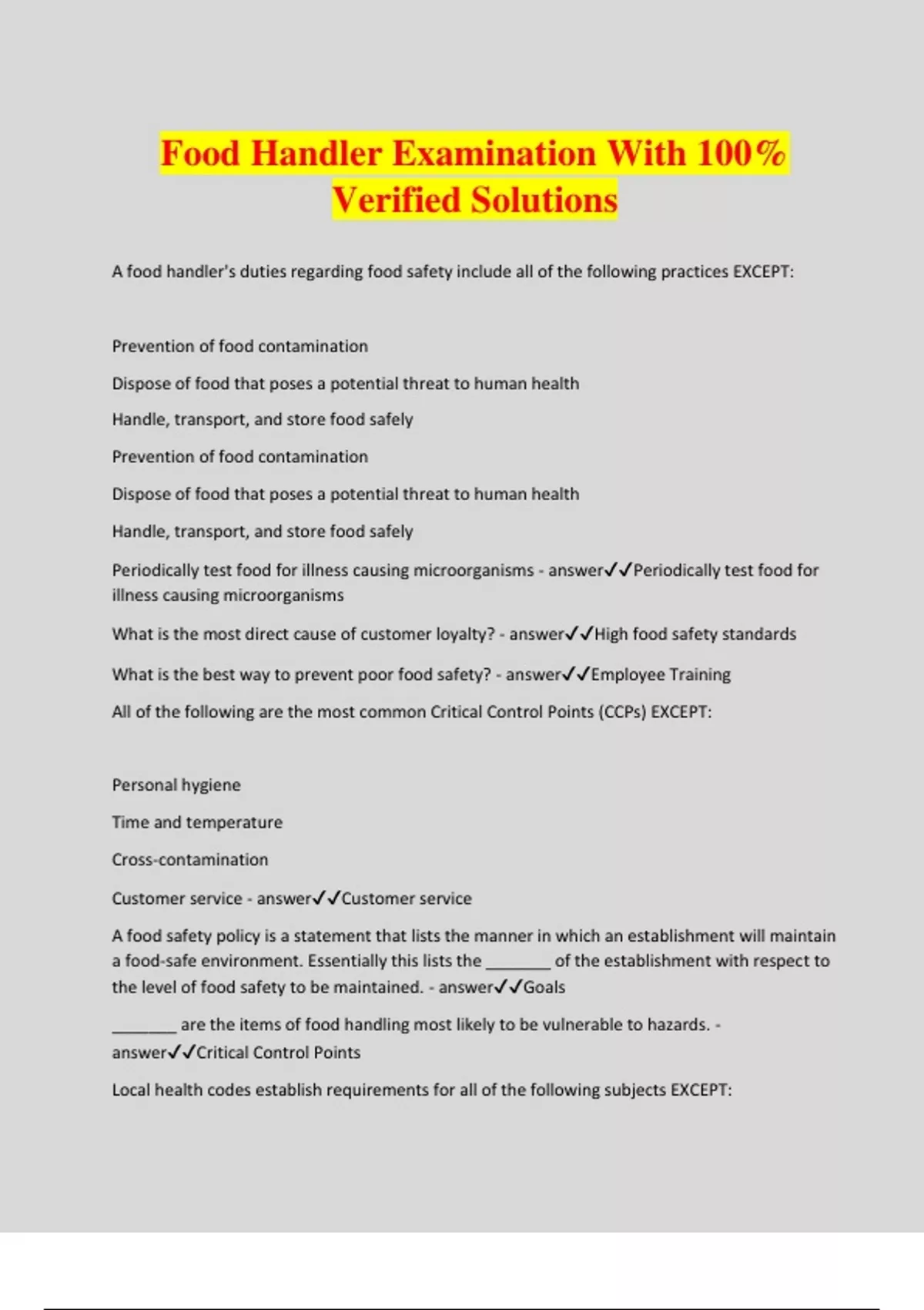 Food Handler Examination With 100% Verified Solutions - Food handler ...