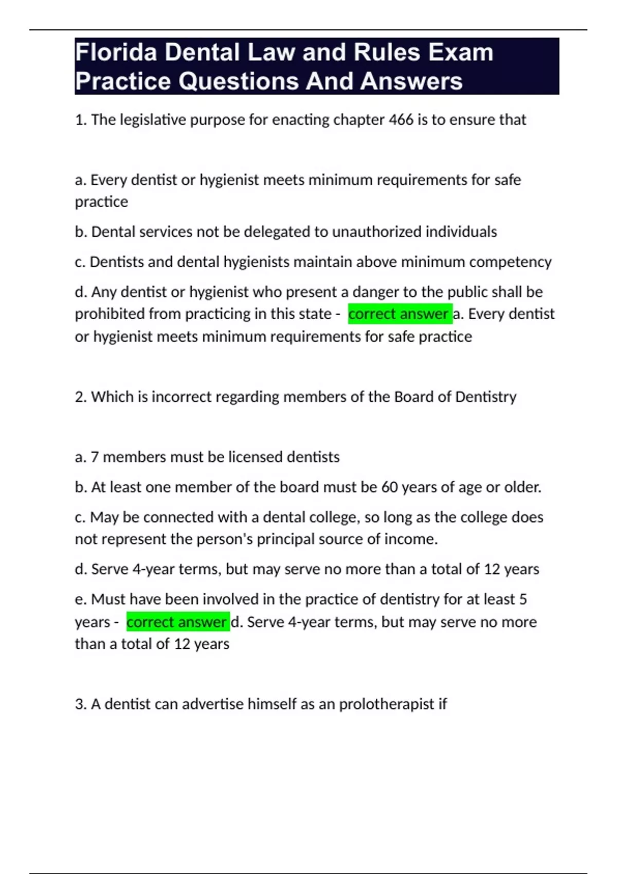 Florida Dental Law and Rules Exam Practice Questions And Answers ...