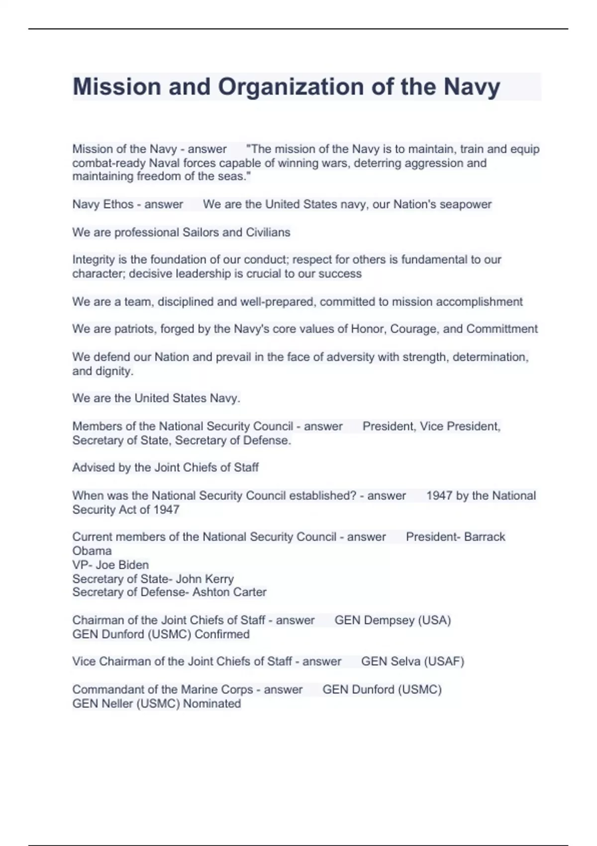 Mission and Organization of the Navy Questions and Answers 2024 - Navy ...