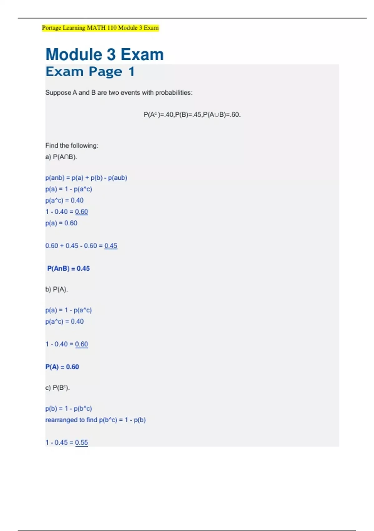 MATH 110 - Introduction to Statistics Module 3 Exam with verified ...