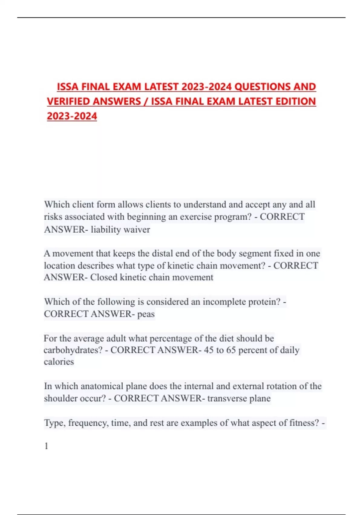 ISSA FINAL EXAM LATEST QUESTIONS AND VERIFIED ANSWERS / ISSA FINAL EXAM ...