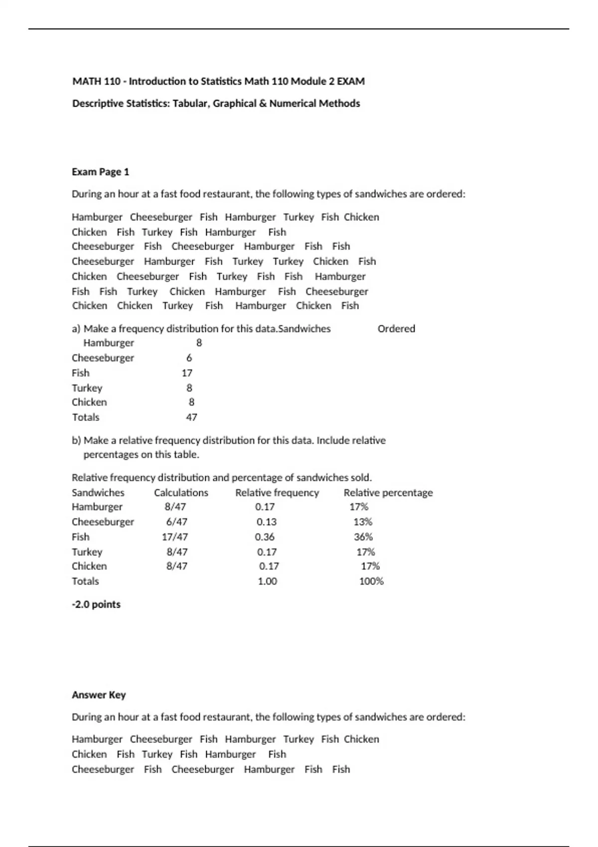 MATH 110 - Introduction to Statistics Math 110 Module 2 EXAM - MATH 110 ...