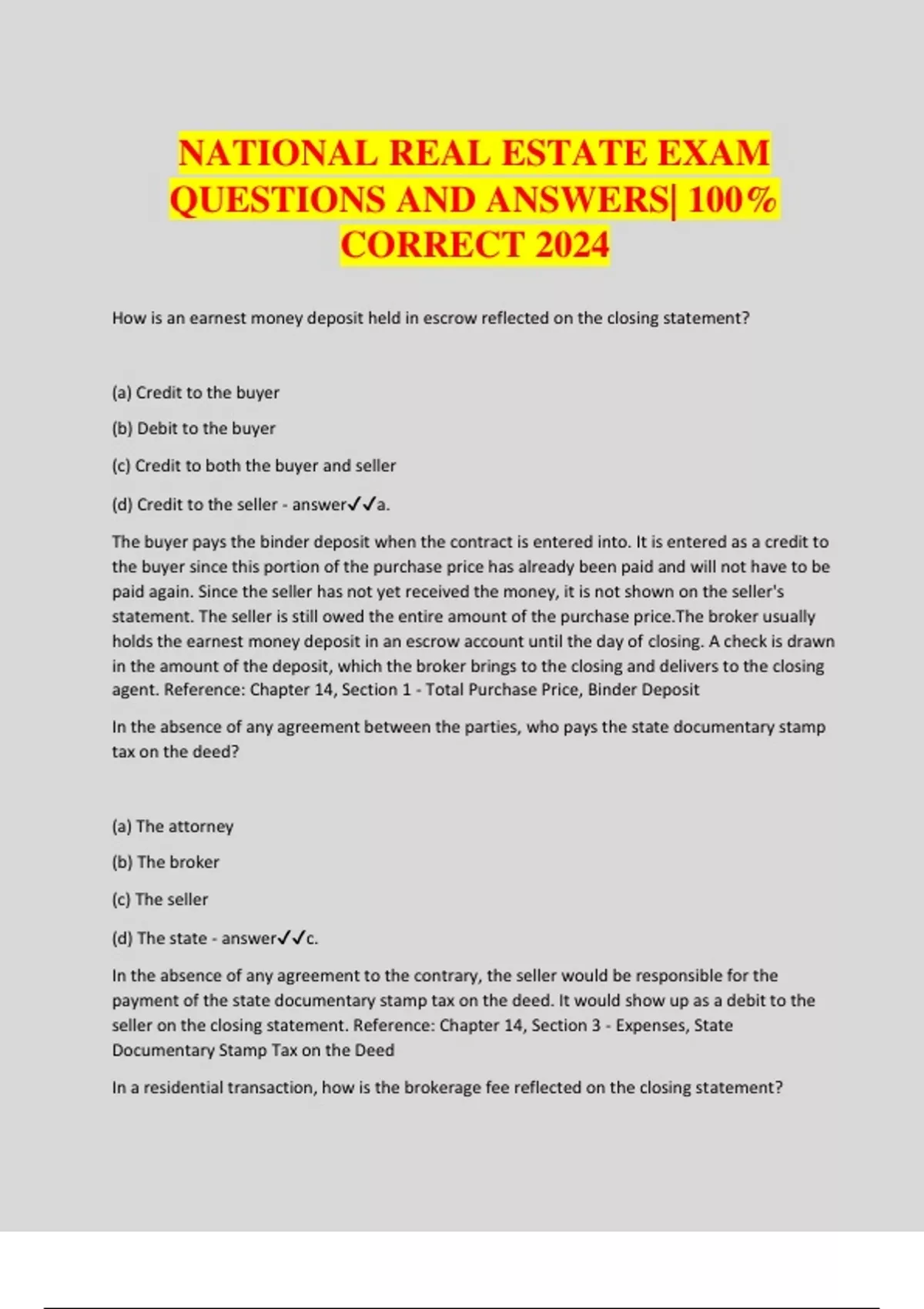 NATIONAL REAL ESTATE EXAM QUESTIONS AND ANSWERS| 100% CORRECT 2024 ...